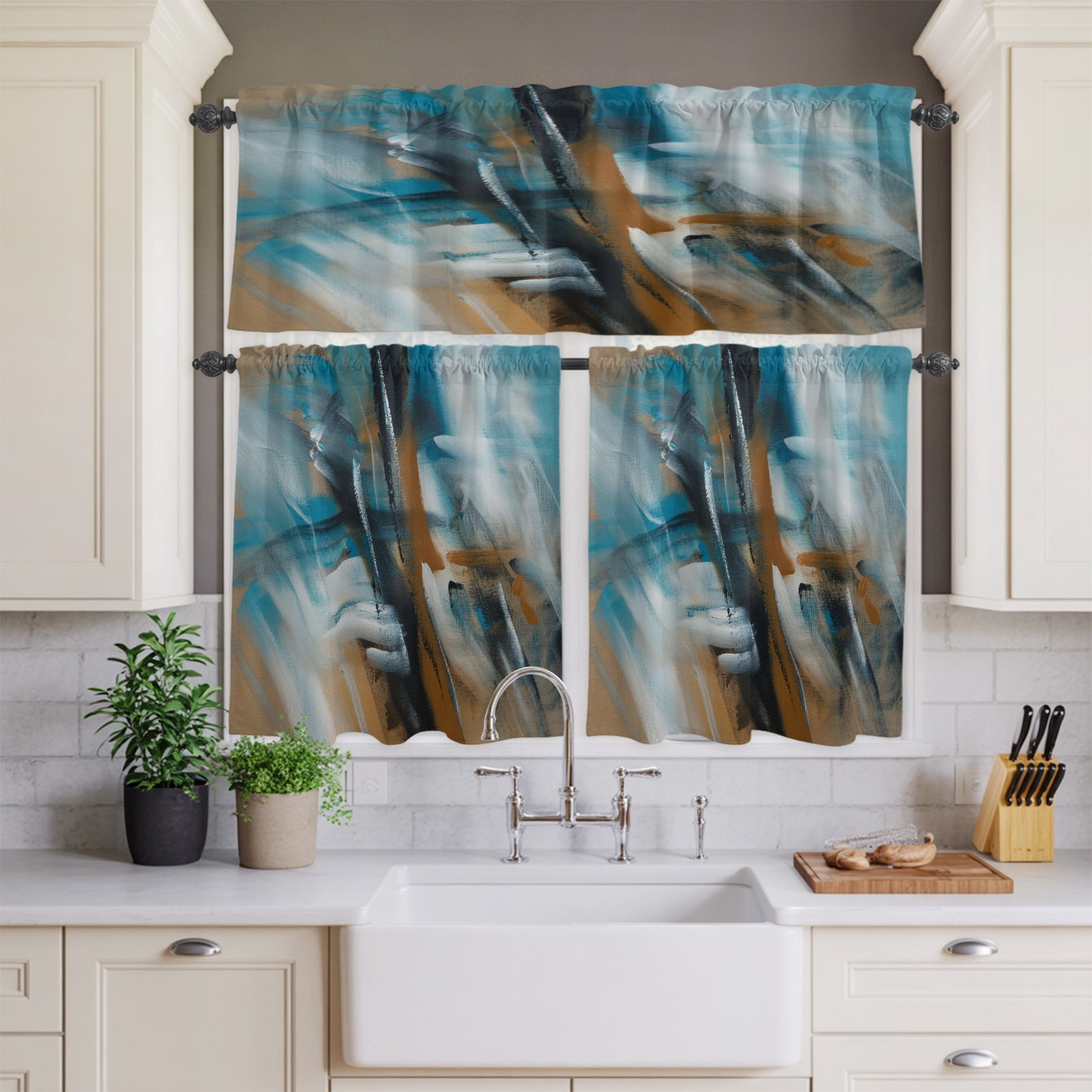 Abstract Graffiti Art Curtain Tier and Valance Set 3 Piece,Ombre Blue ...