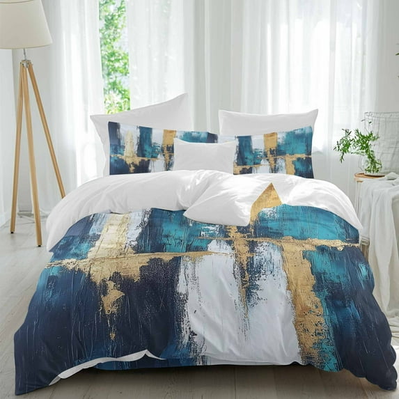 Abstract Graffiti Art Duvet Cover Set King Size, Blue Gold Blending ...