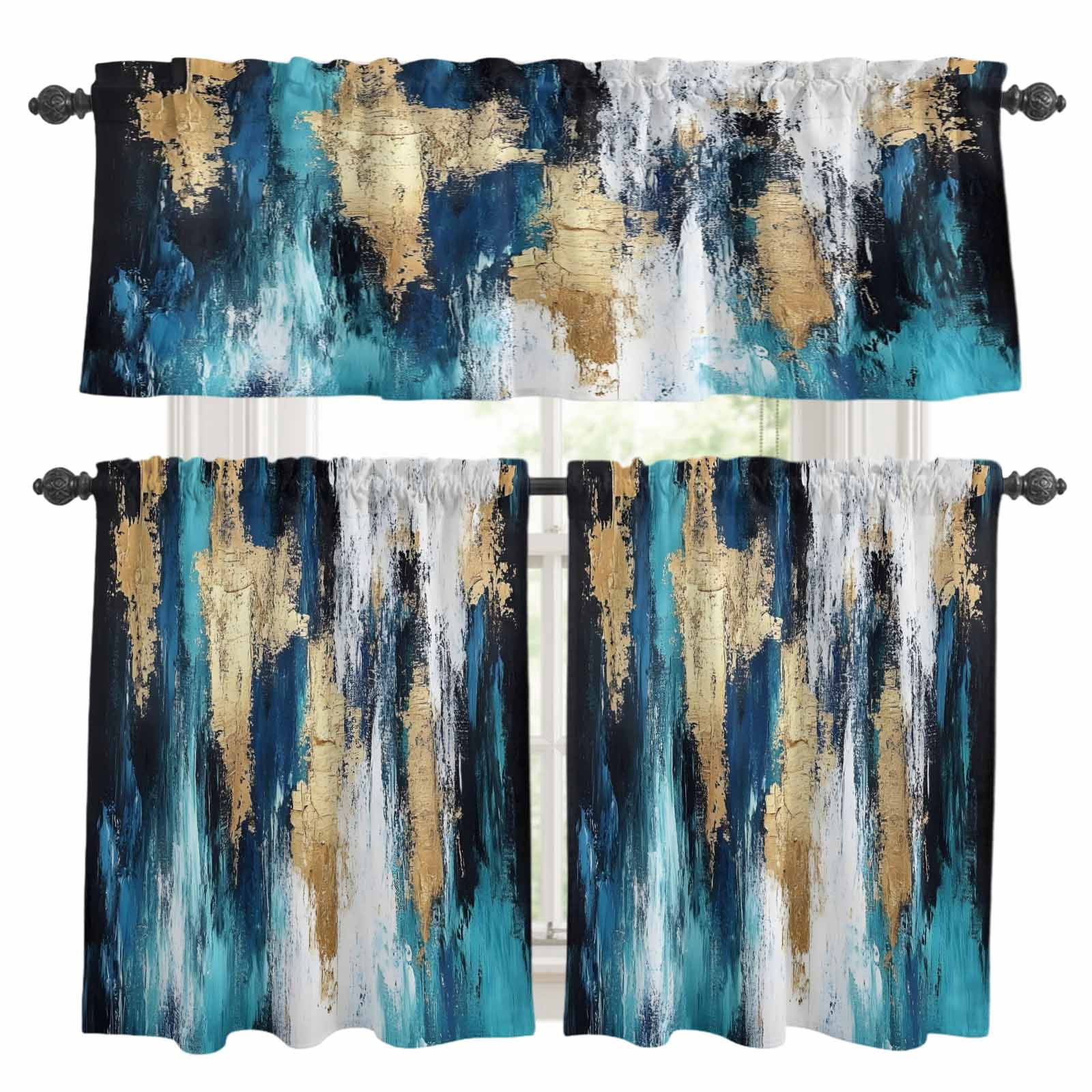 Abstract Graffiti Art Kitchen Curtains Valance and Tier Set Blue Gold ...