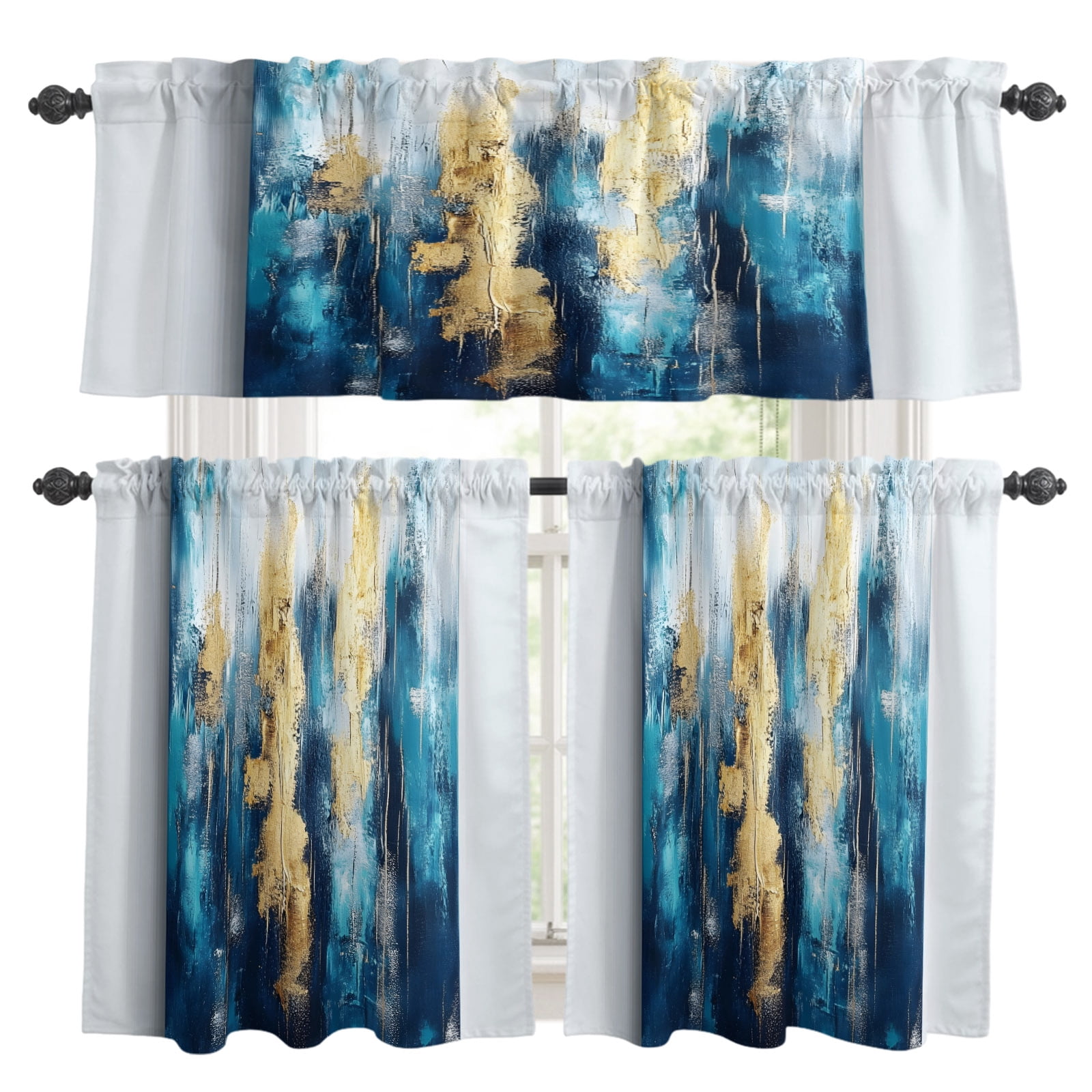 Abstract Graffiti Art Kitchen Curtains Valance and Tier Set Gold Blue ...