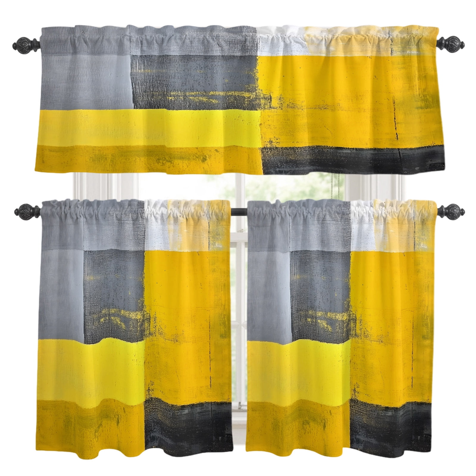 Abstract Graffiti Art Kitchen Curtains Valance and Tier Set Yellow Gray ...