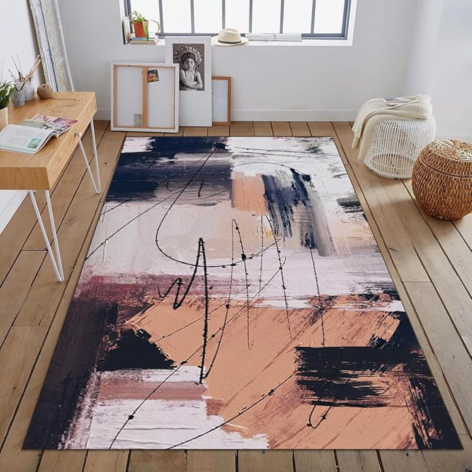 Abstract Graffiti Art Large Area Rug, Black Ink Lines Non Slip Print ...