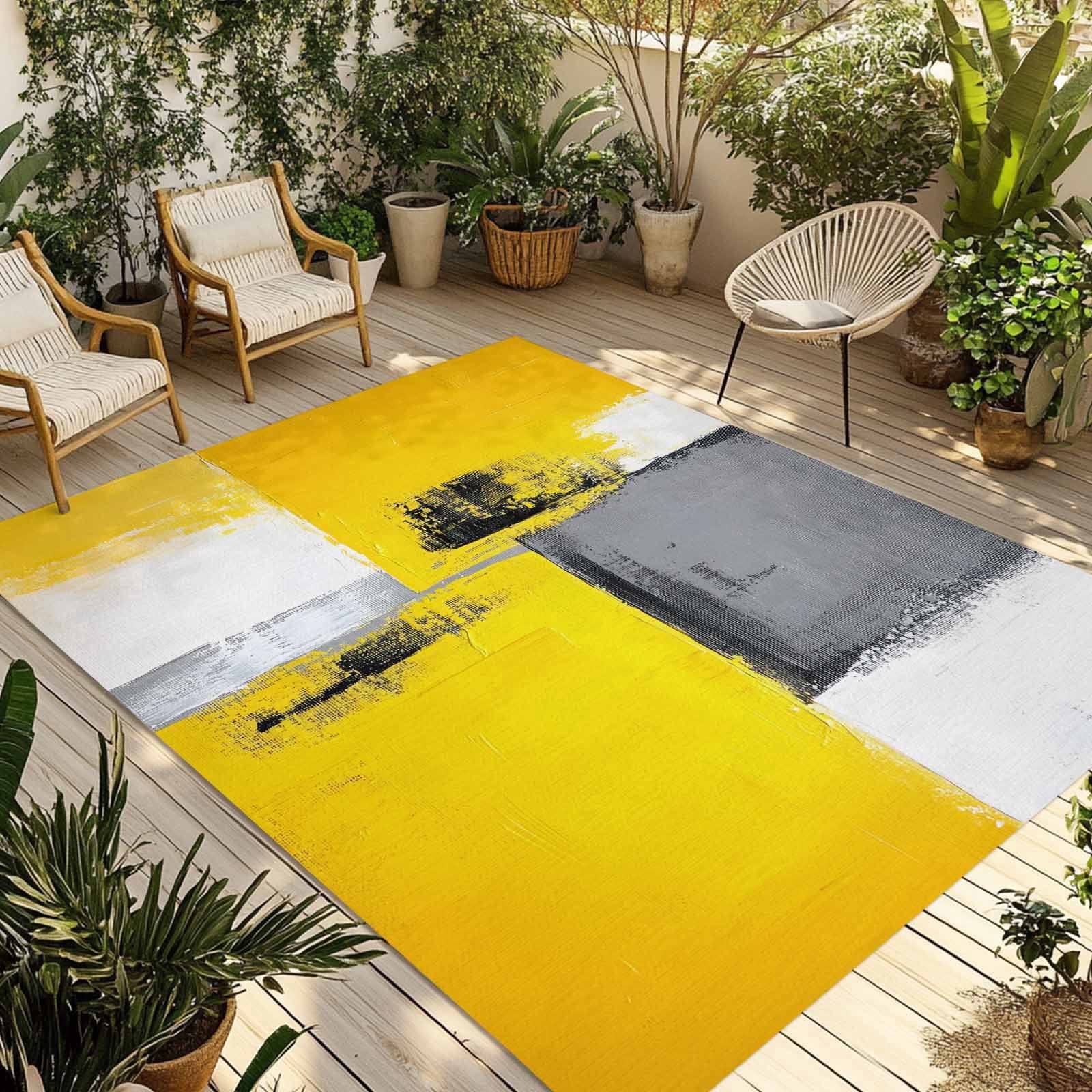 Abstract Graffiti Art Outdoor Rug, Gary Yellow Color Stitching Non-Slip ...