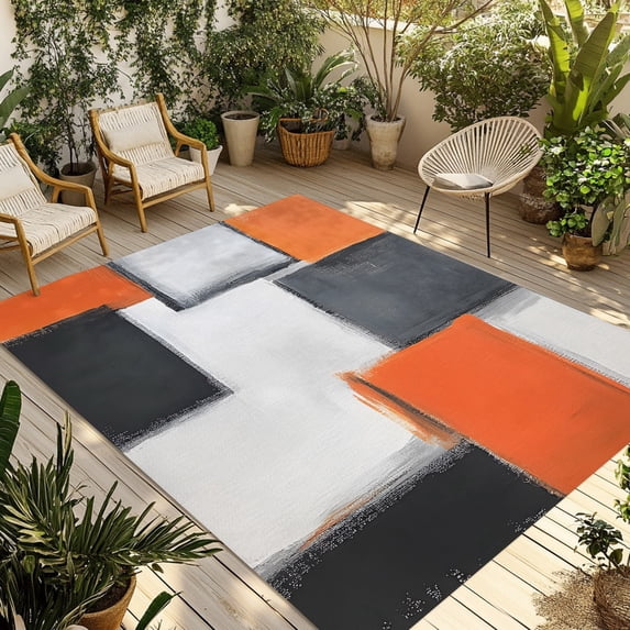 Abstract Graffiti Art Outdoor Rug, Orange Black Color Stitching Non ...
