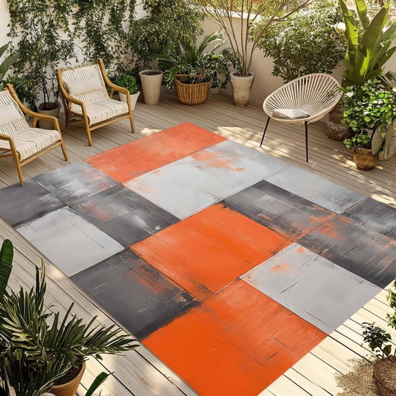 Abstract Graffiti Art Outdoor Rug, Orange Gary Color Stitching Non-Slip ...