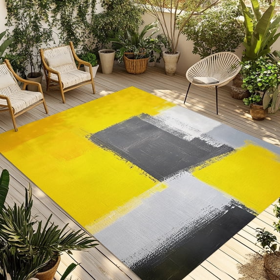 Abstract Graffiti Art Outdoor Rug, Yellow Gary Color Stitching Non-Slip ...