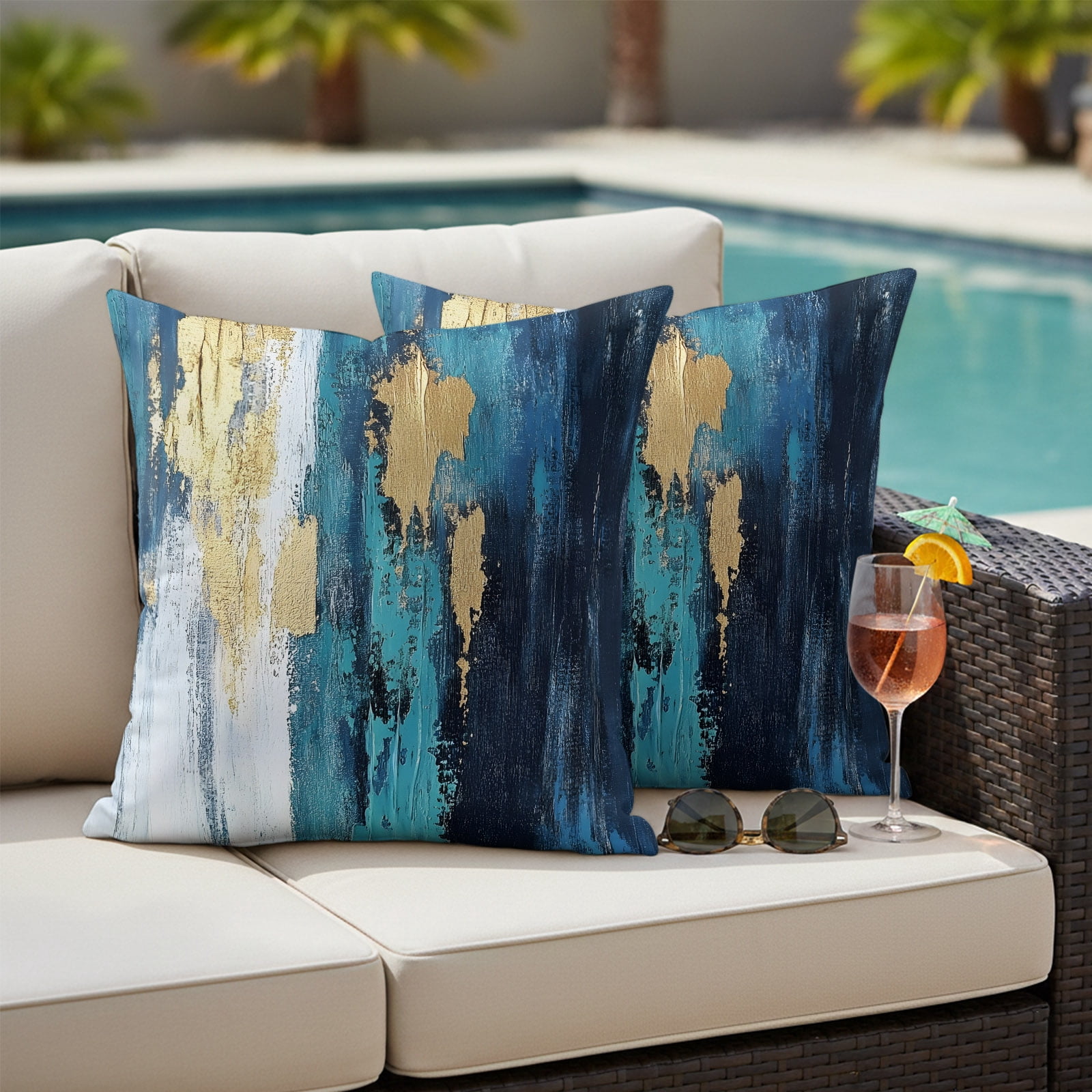 Abstract Graffiti Art Outdoor Throw Pillow Covers Set of 2, Gold Blue ...
