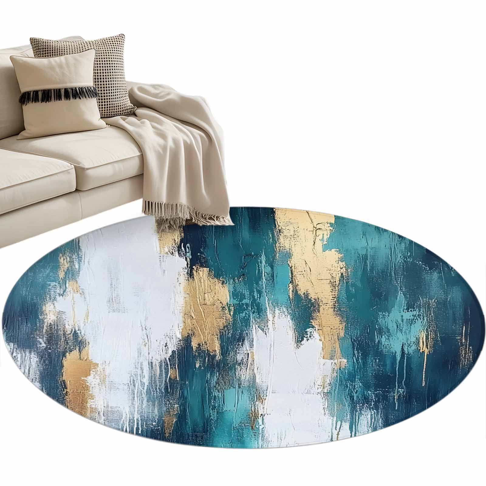 Abstract Graffiti Art Round Area Rug 3ft Gold Blue Blend Texture Non ...
