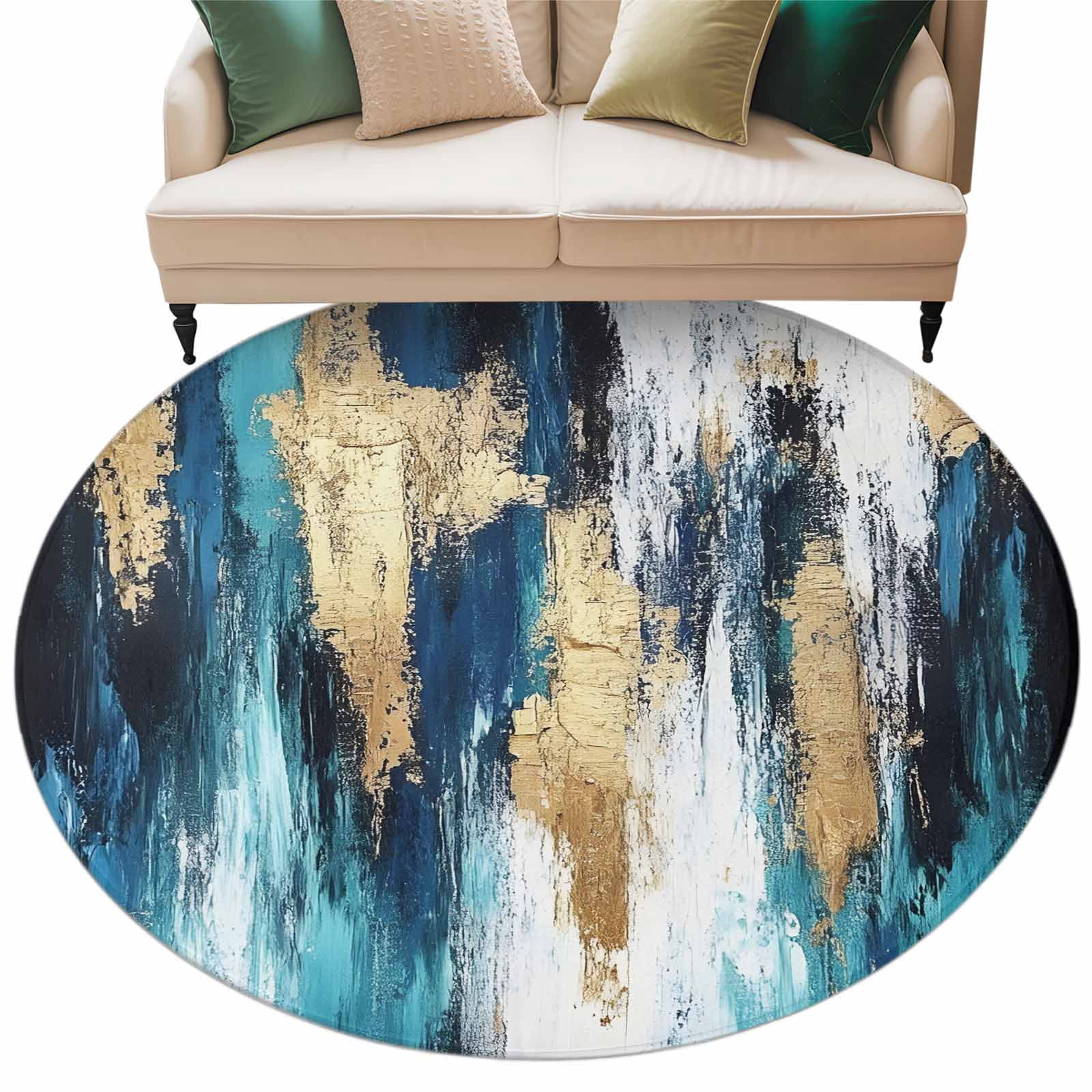 Abstract Graffiti Art Round Area Rug 7ft Blue Gold Blending Design Non ...