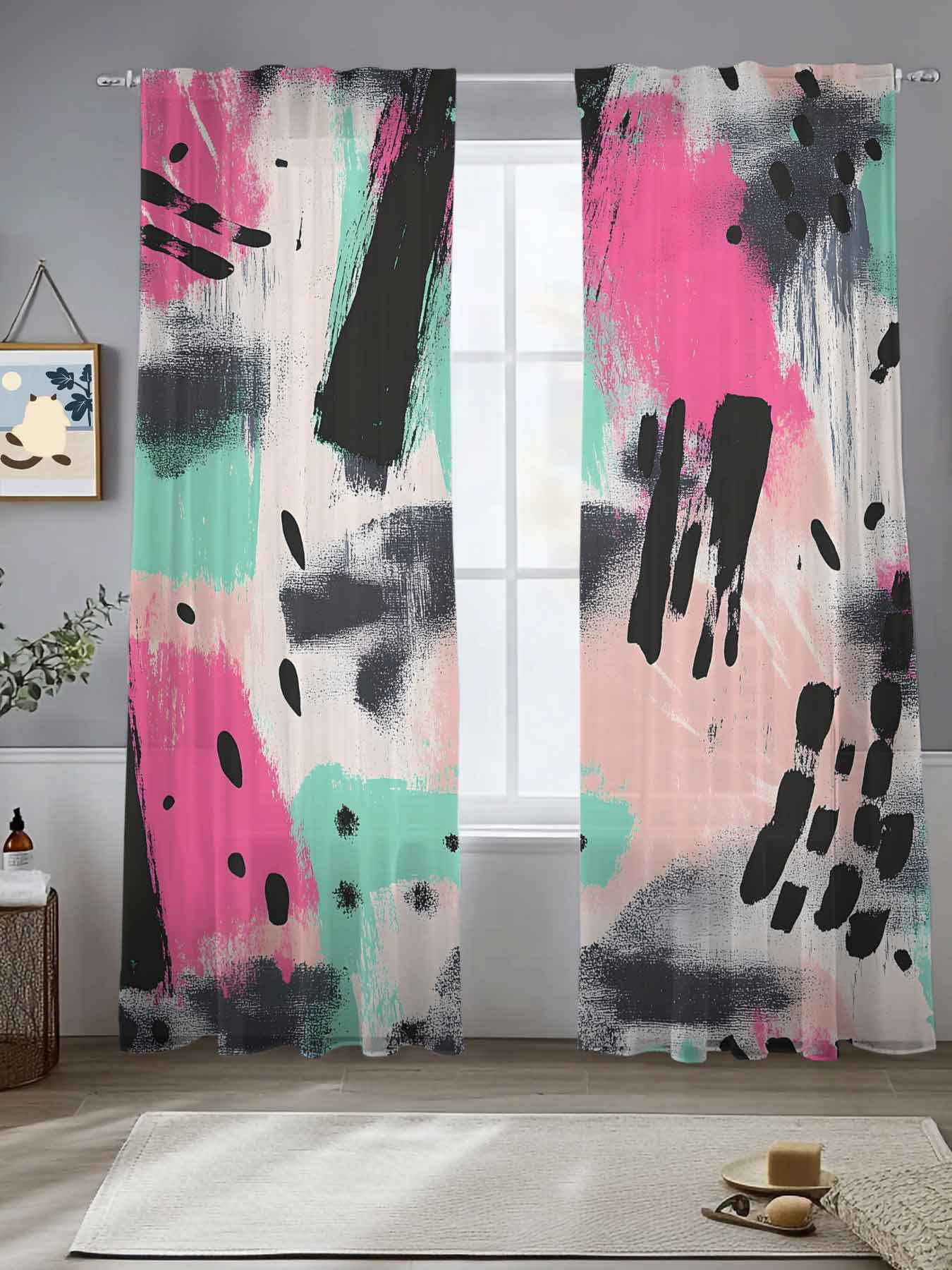 Abstract Graffiti Art Sheer Curtains 84 Inches Long 2 Panels Black Pink ...