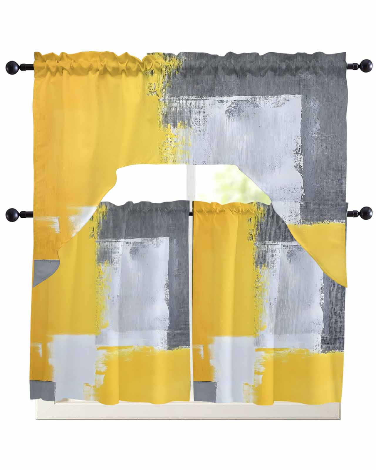 Abstract Graffiti Art Swag Valance and Tier Curtains Set Vintage Yellow ...