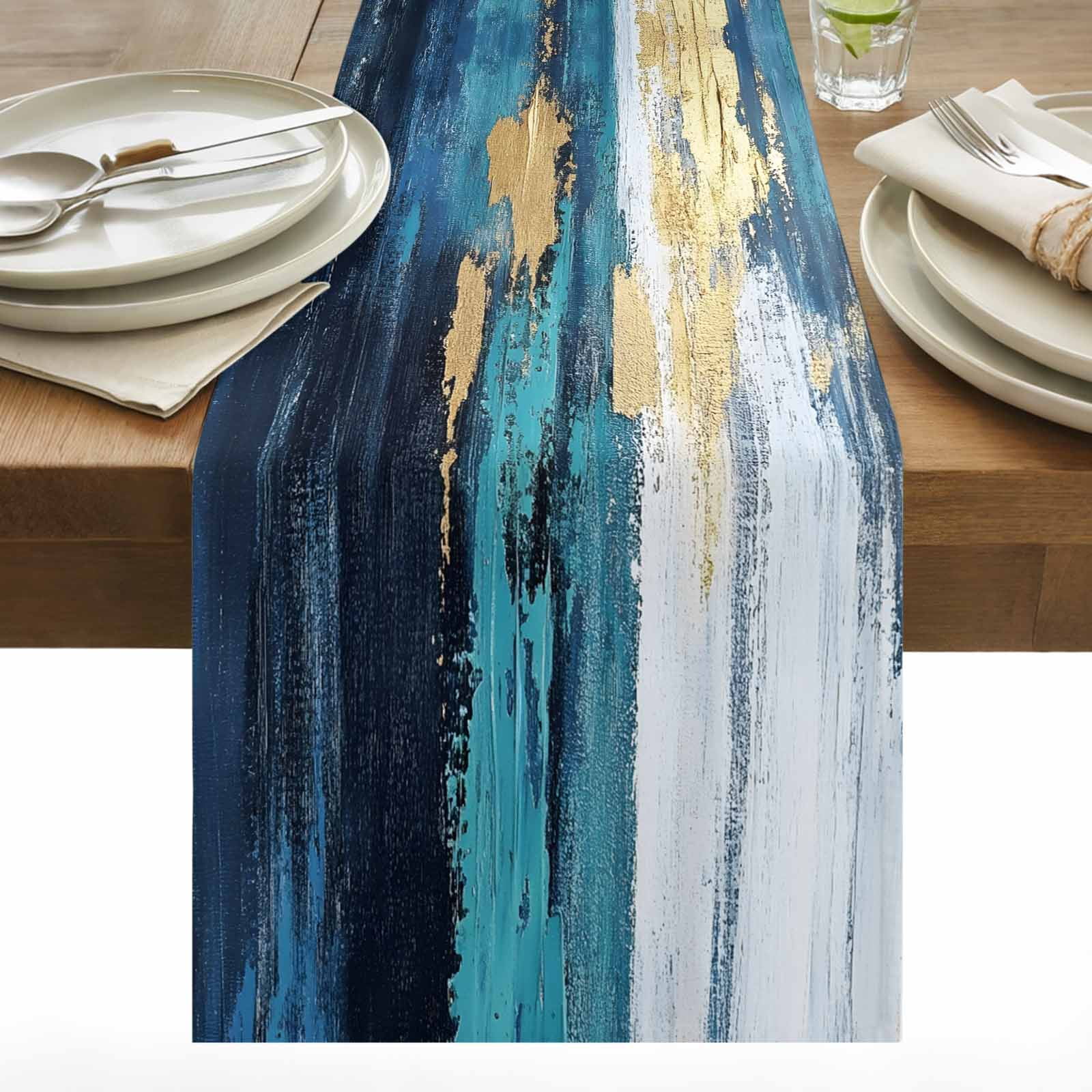 Abstract Graffiti Art Table Runner 13x108 inch Gold Blue Blending Theme ...