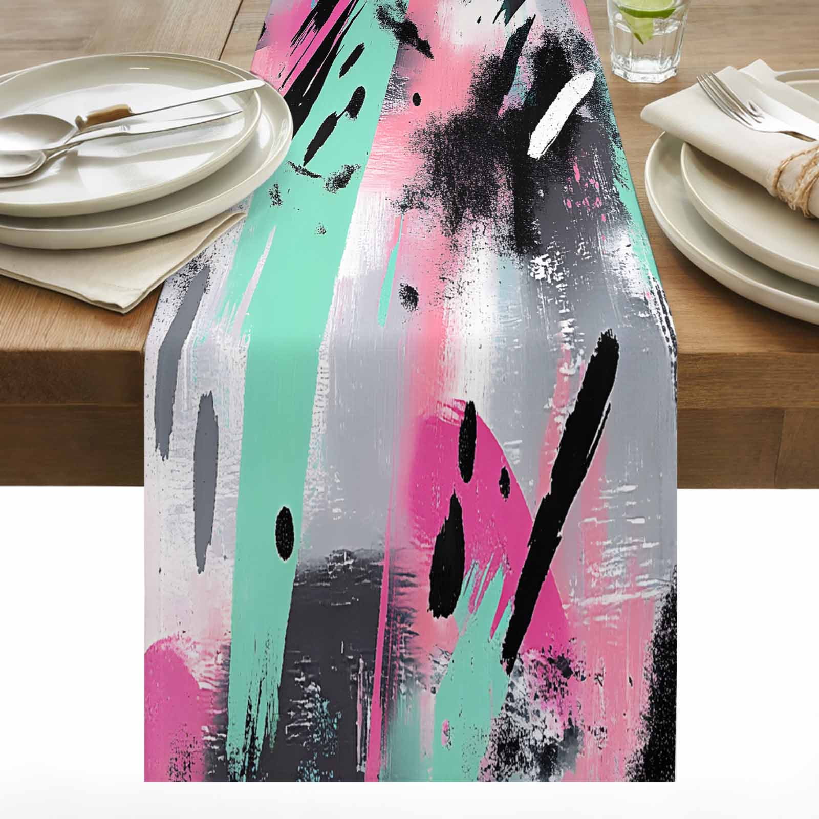 Abstract Graffiti Art Table Runner 13x120 inch Pink Black Green Splash ...