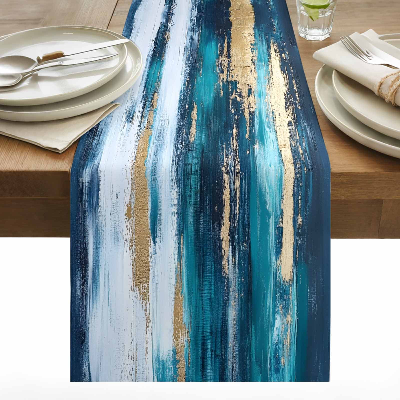 Abstract Graffiti Art Table Runner 13x72 inch Gold Blue Blending ...