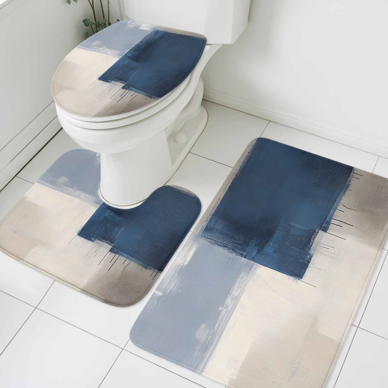 Abstract Graffiti Bathroom Rugs Set Blue Beige Oil Painting Style Non ...