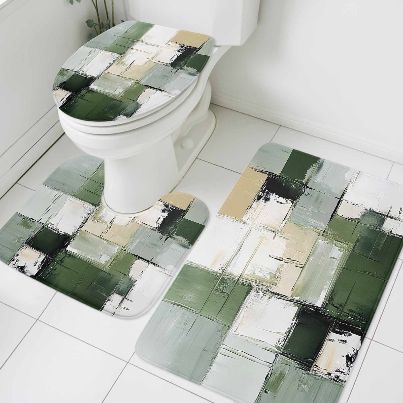 Abstract Graffiti Bathroom Rugs Set Green Beige Geometric Wash Non Slip ...