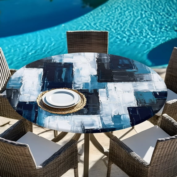 Abstract Graffiti Blue White Color Block Round Fitted Tablecloth with ...