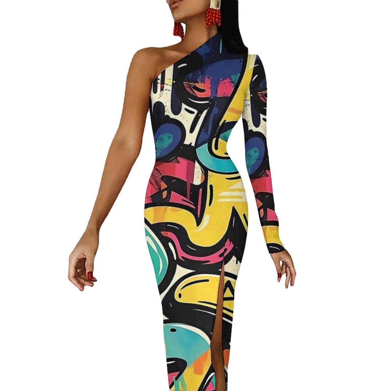 Abstract Graffiti Doodle Print Bodycon Dress Spring Retro Side Split ...