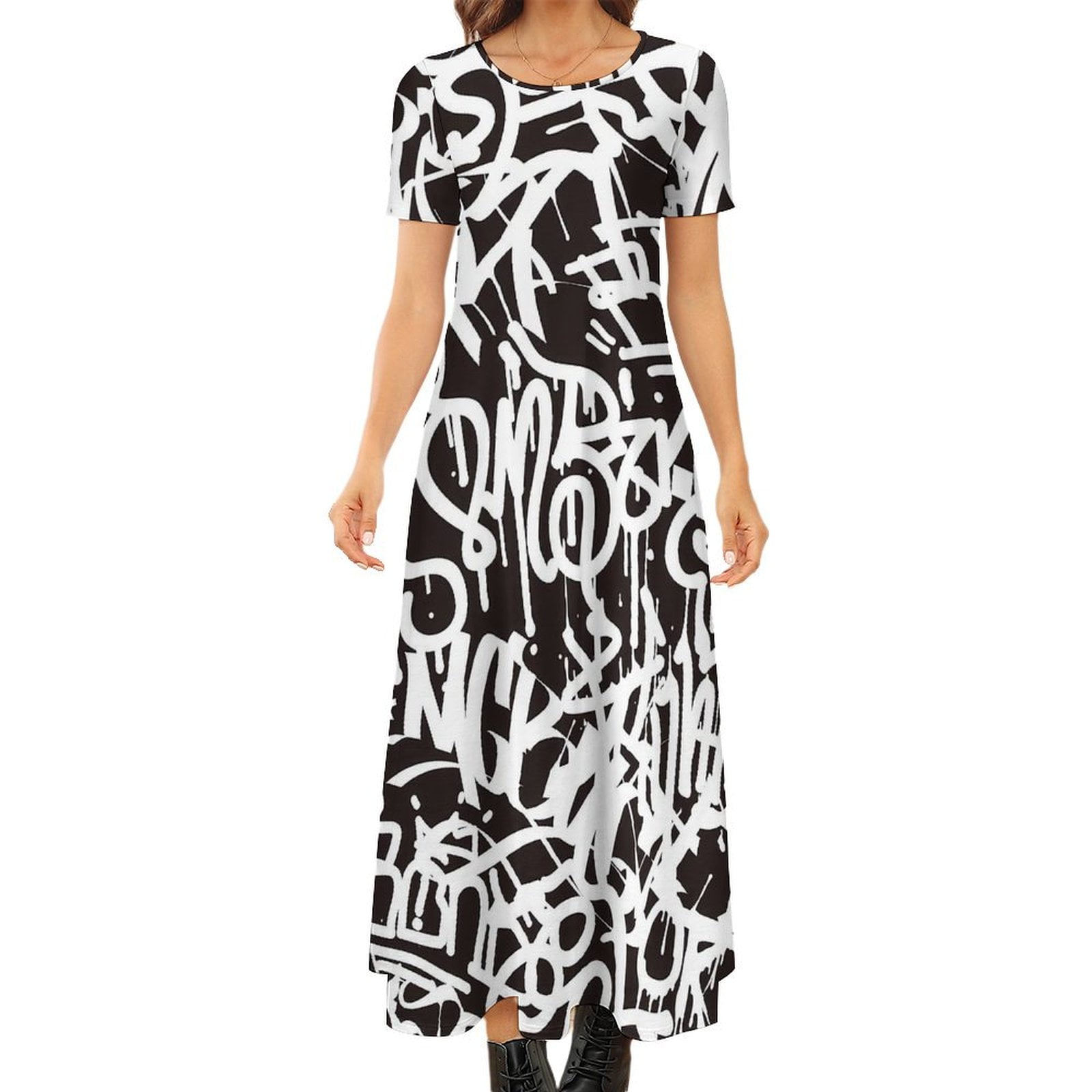 Abstract Graffiti Dress Black And White Trendy Maxi Dress Short Sleeve ...