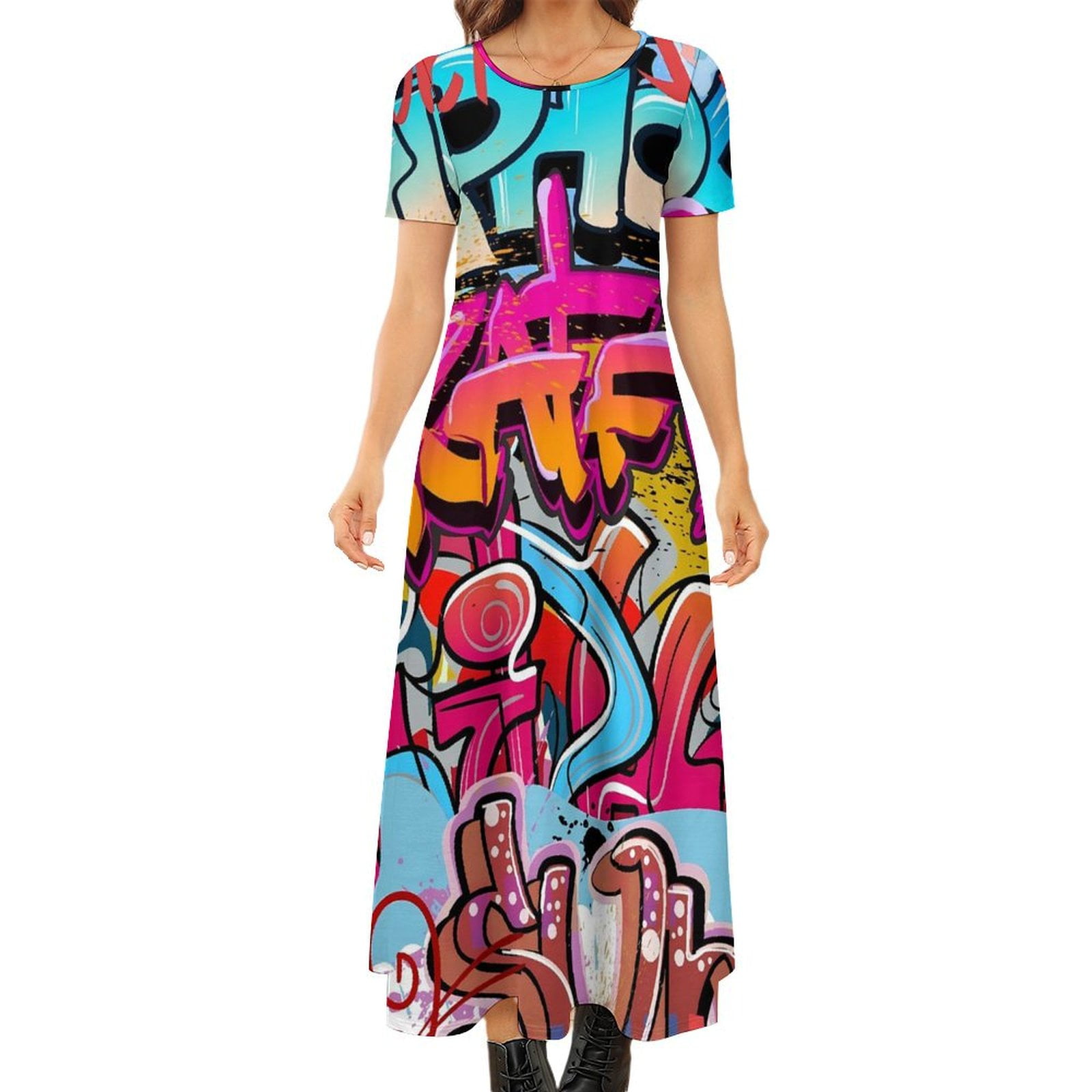 Abstract Graffiti Dress Black And White Trendy Maxi Dress Short Sleeve ...