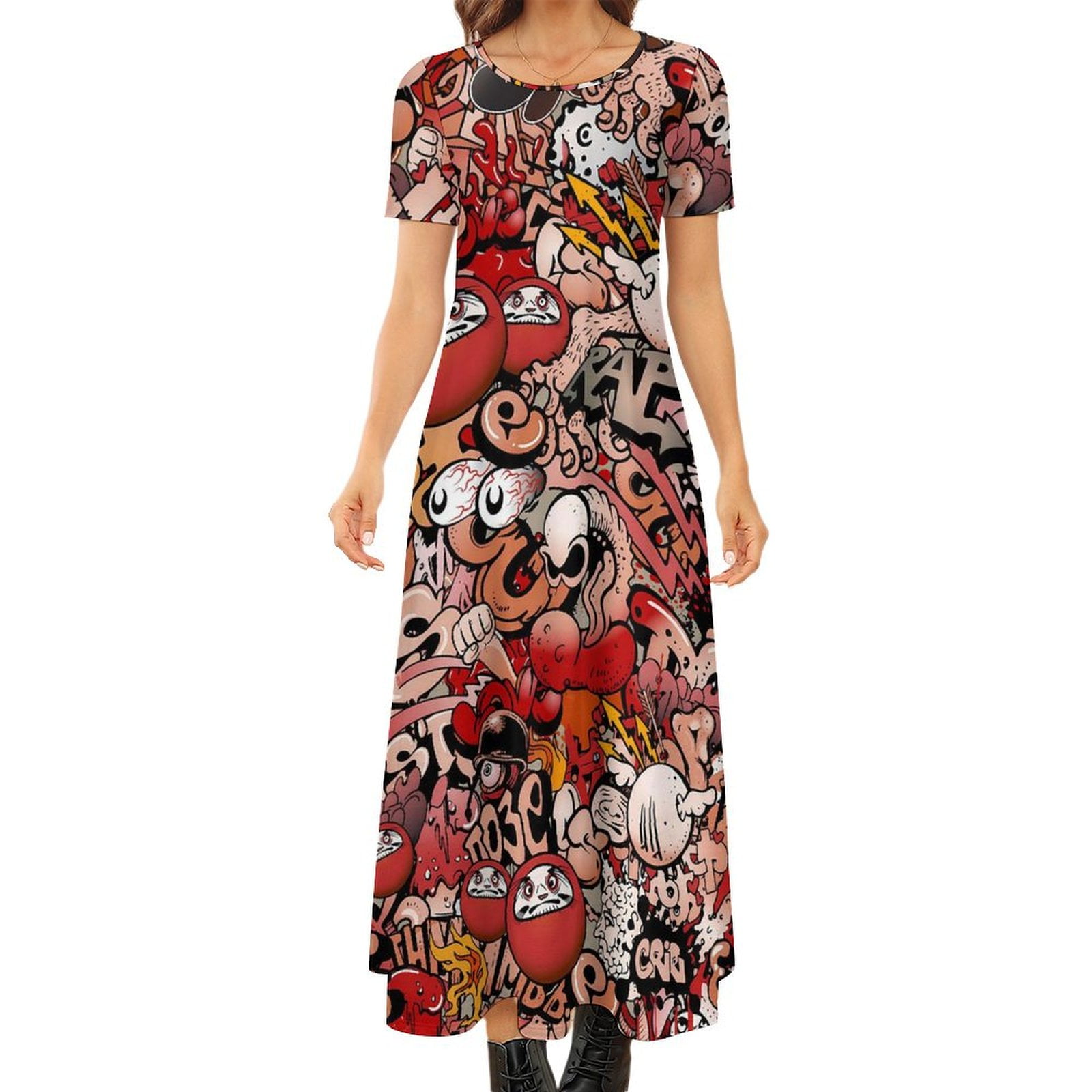 Abstract Graffiti Dress Black And White Trendy Maxi Dress Short Sleeve ...