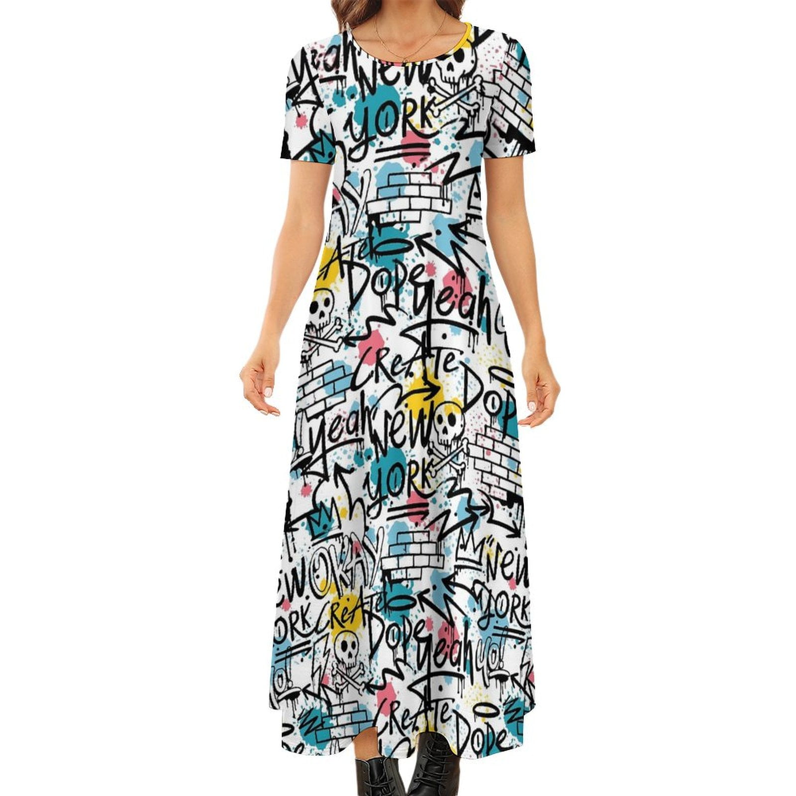 Abstract Graffiti Dress Black And White Trendy Maxi Dress Short Sleeve ...