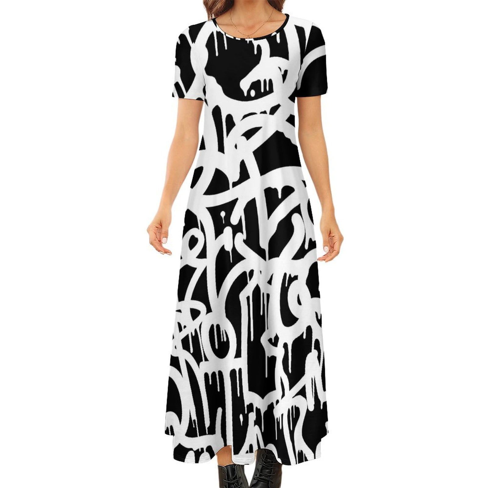 Abstract Graffiti Dress Black And White Trendy Maxi Dress Short Sleeve ...