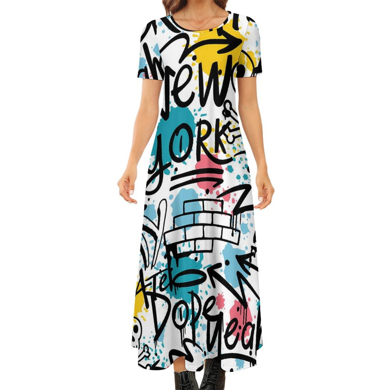 Abstract Graffiti Dress Black And White Trendy Maxi Dress Short Sleeve ...