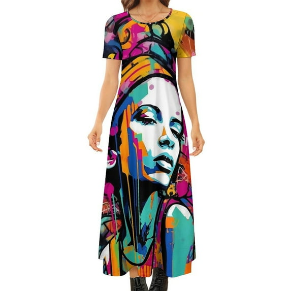 Abstract Graffiti Dress Black And White Trendy Maxi Dress Short Sleeve ...
