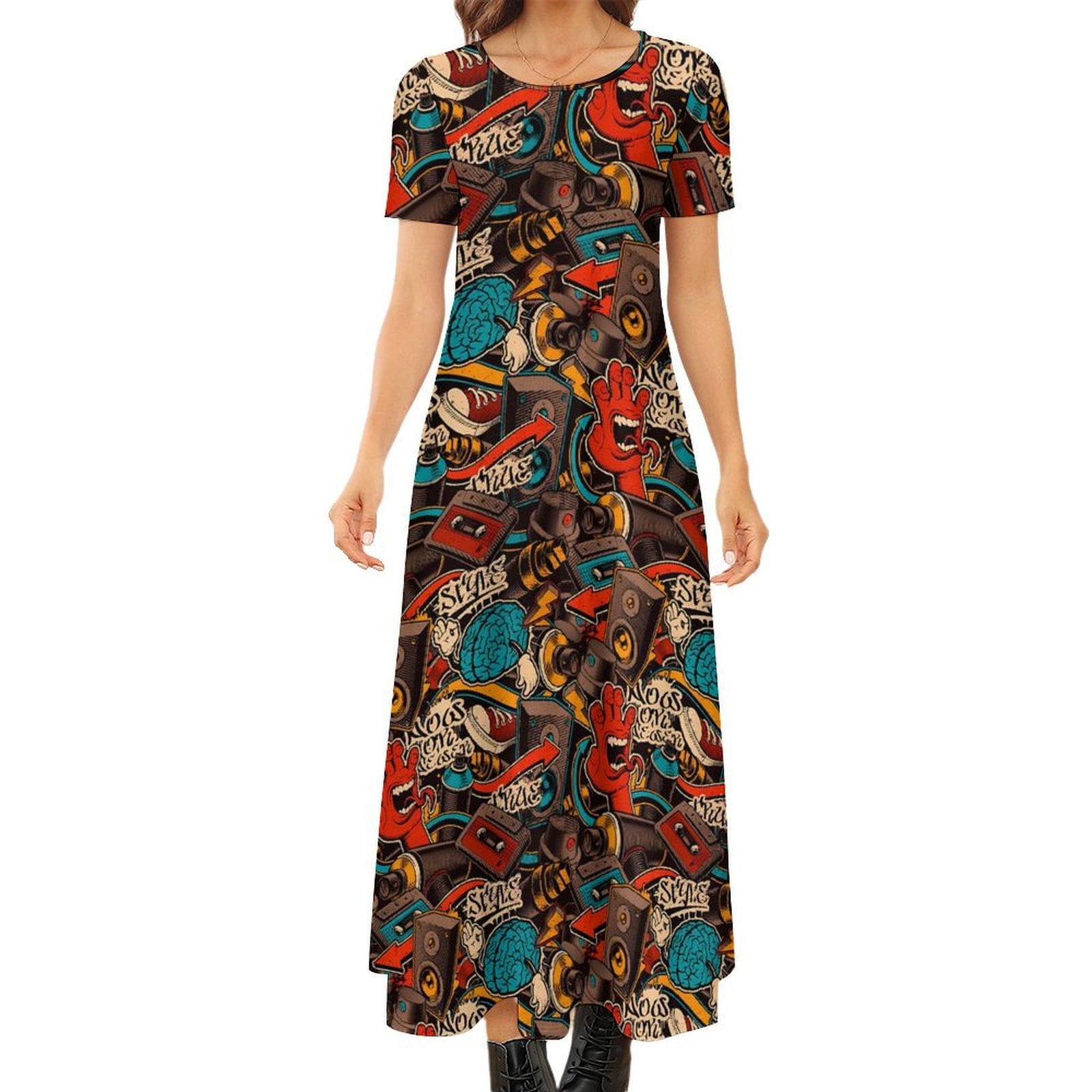 Abstract Graffiti Dress Black And White Trendy Maxi Dress Short Sleeve ...