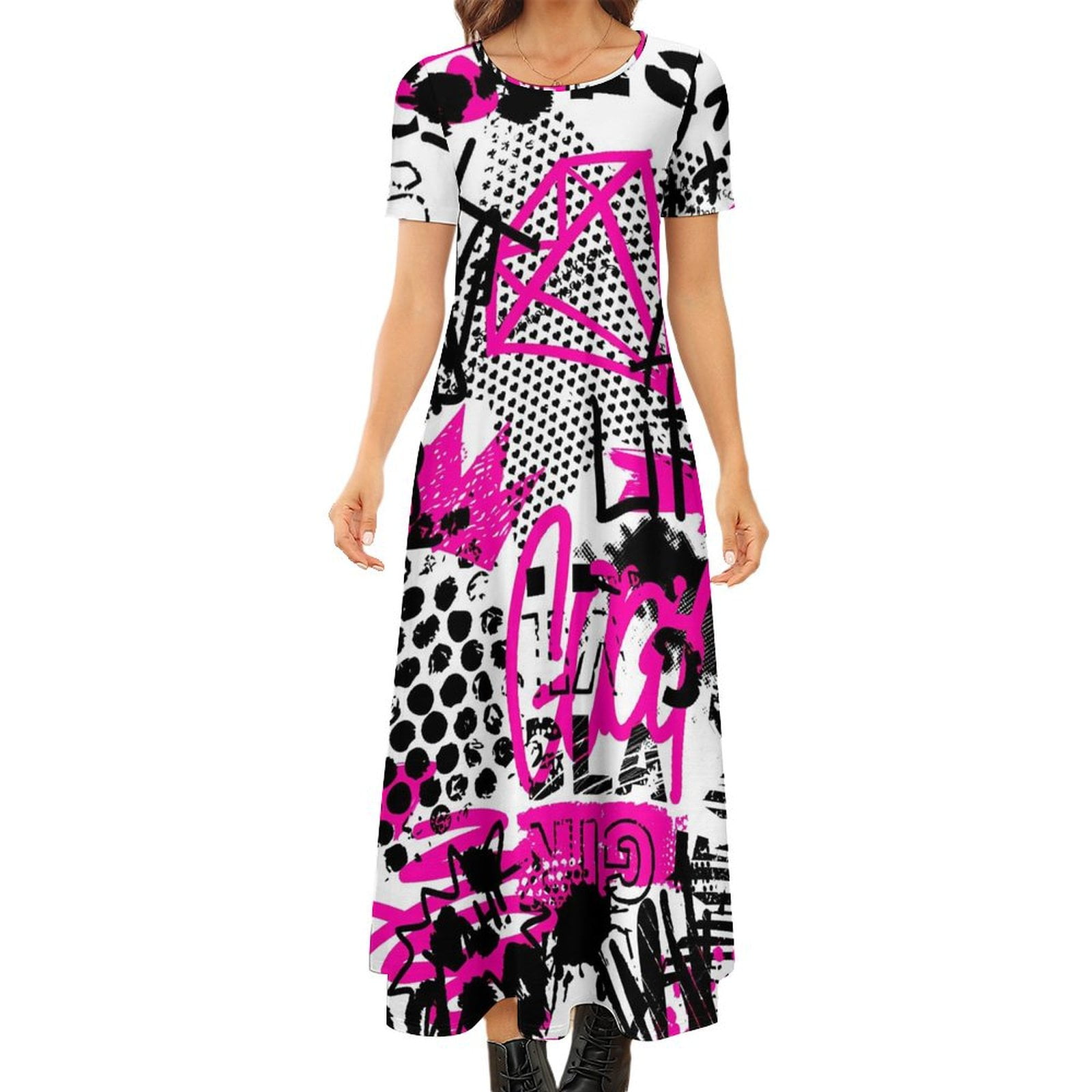 Abstract Graffiti Dress Black And White Trendy Maxi Dress Short Sleeve ...
