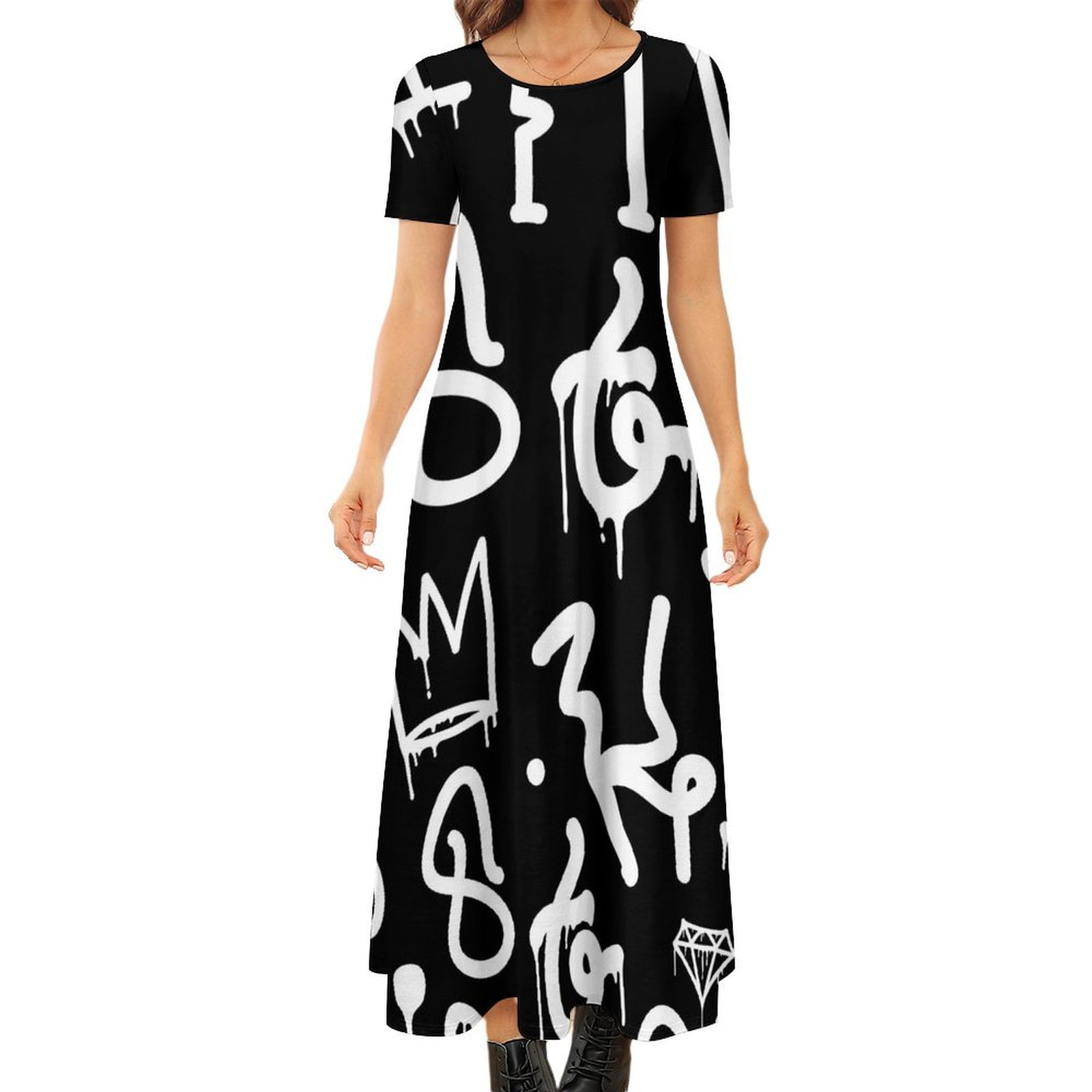 Abstract Graffiti Dress Black And White Trendy Maxi Dress Short Sleeve ...