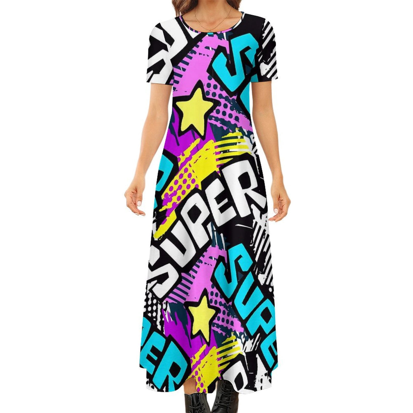 Abstract Graffiti Dress Black And White Trendy Maxi Dress Short Sleeve ...
