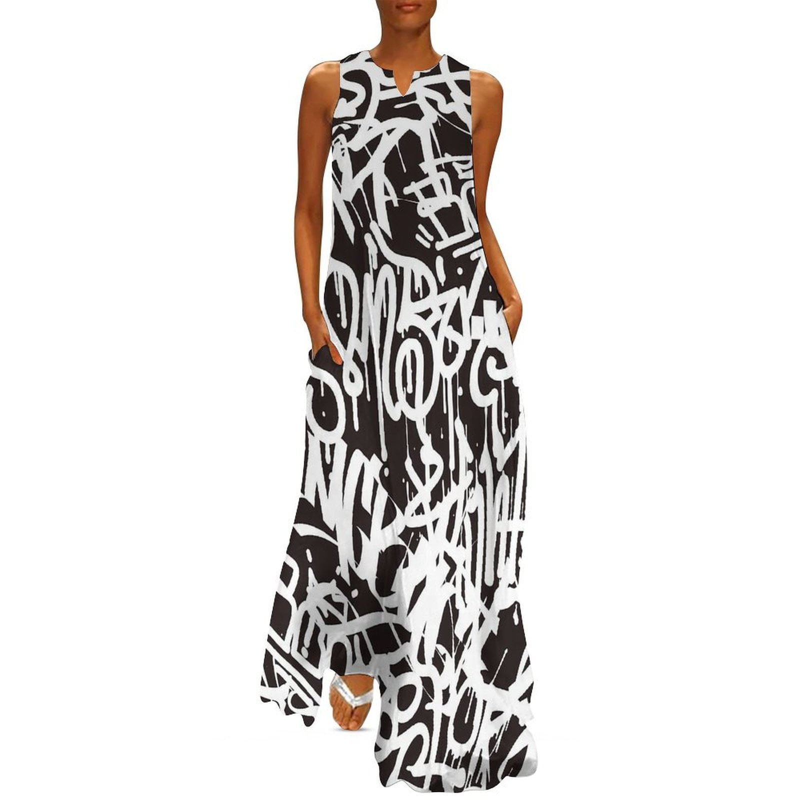 Abstract Graffiti Dress Black and White Kawaii Maxi Dress V Neck Custom ...