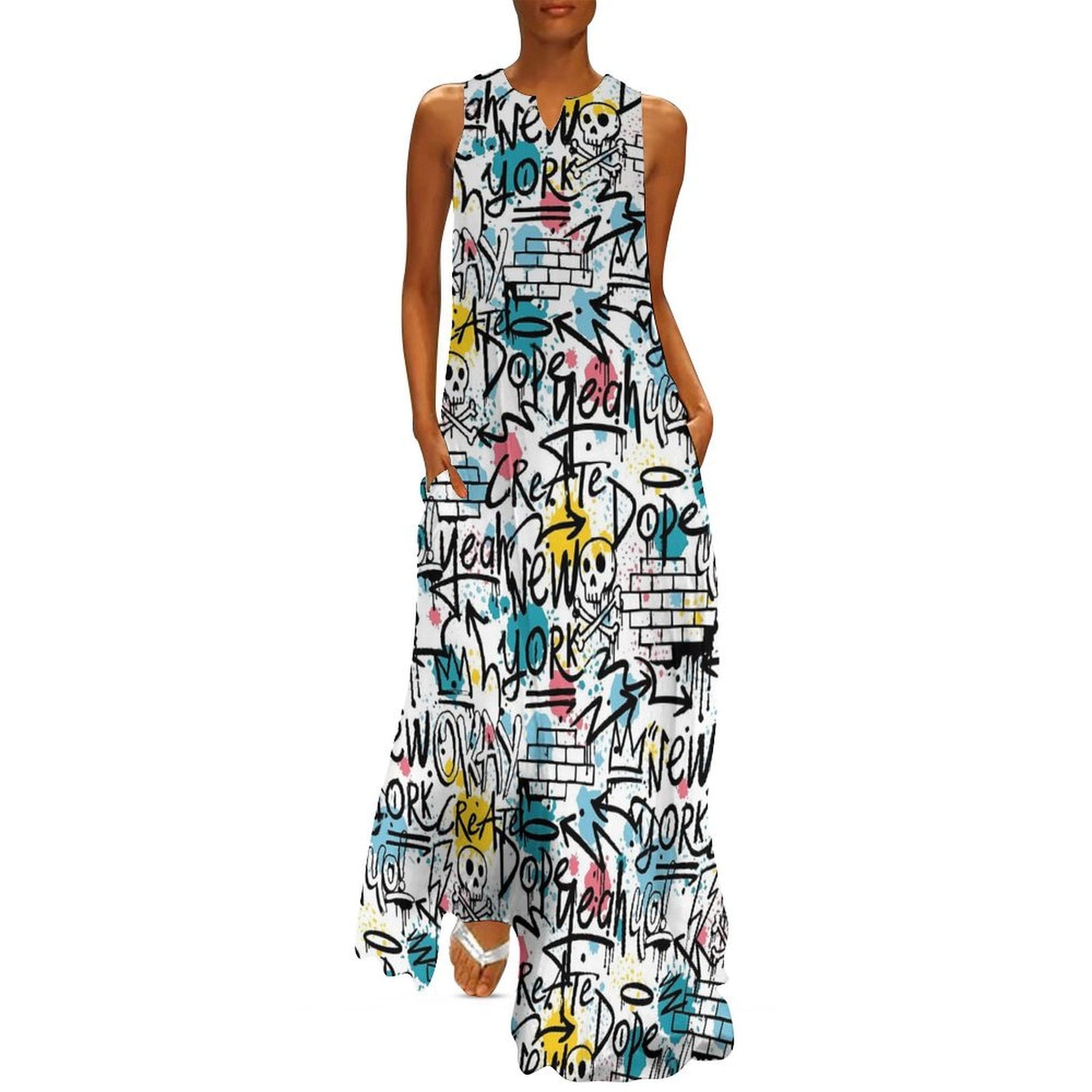 Abstract Graffiti Dress Black and White Kawaii Maxi Dress V Neck Custom ...