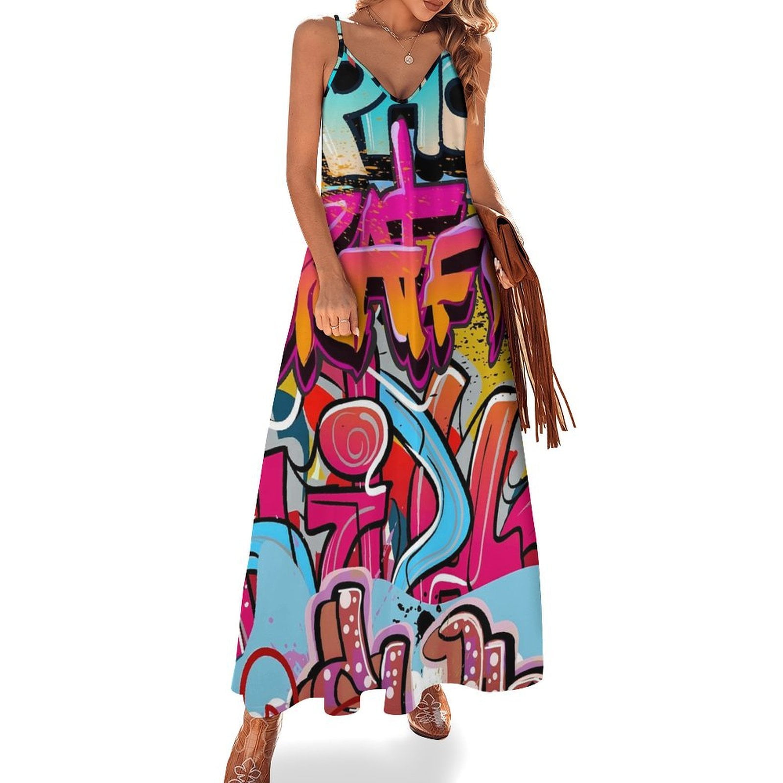 Abstract Graffiti Dress Black and White Street Wear Casual Long Dresses ...