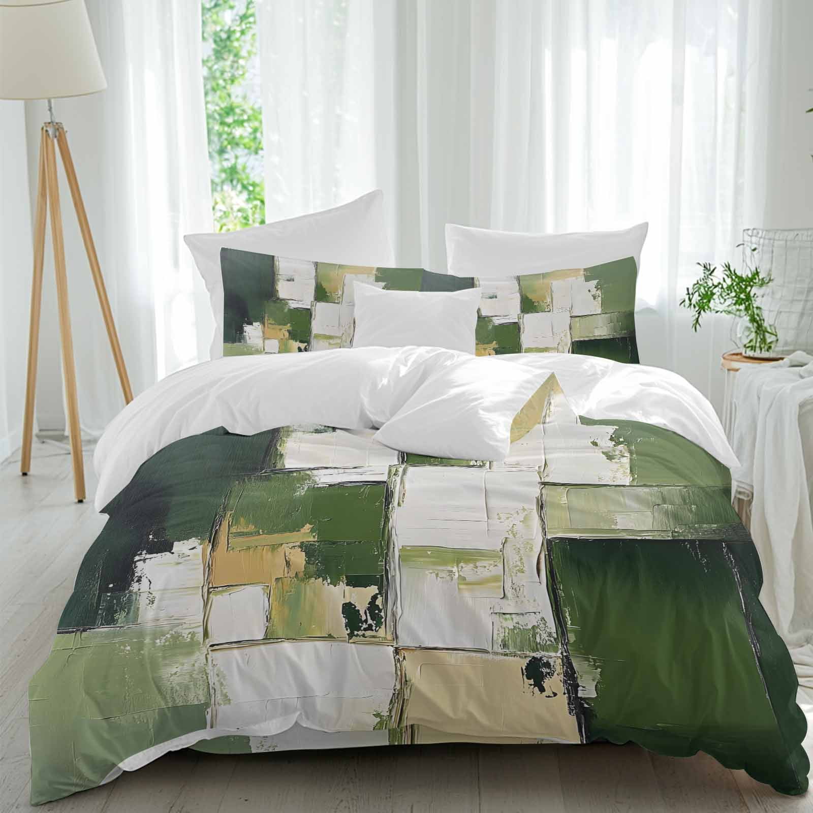 Abstract Graffiti Duvet Cover Set Full Size, Geometric Beige Green Oil ...