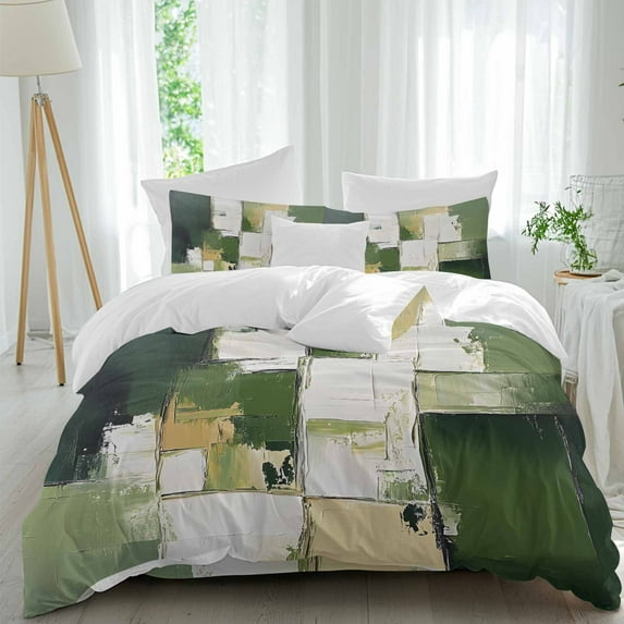 Abstract Graffiti Duvet Cover Set Full Size, Geometric Beige Green Oil ...