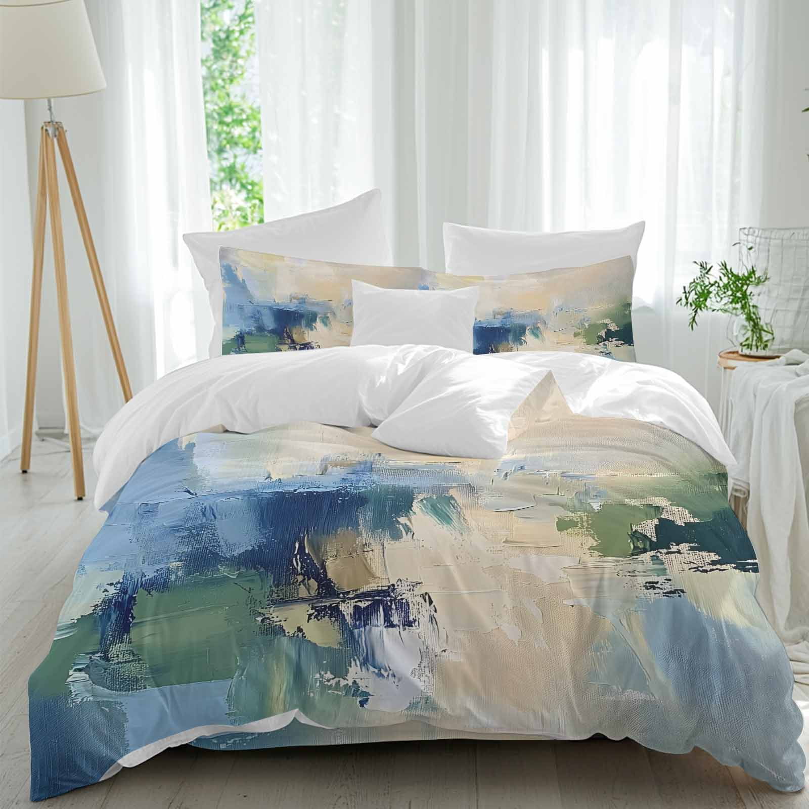 Abstract Graffiti Duvet Cover Set Queen Size, Blue Beige Oil Painting ...