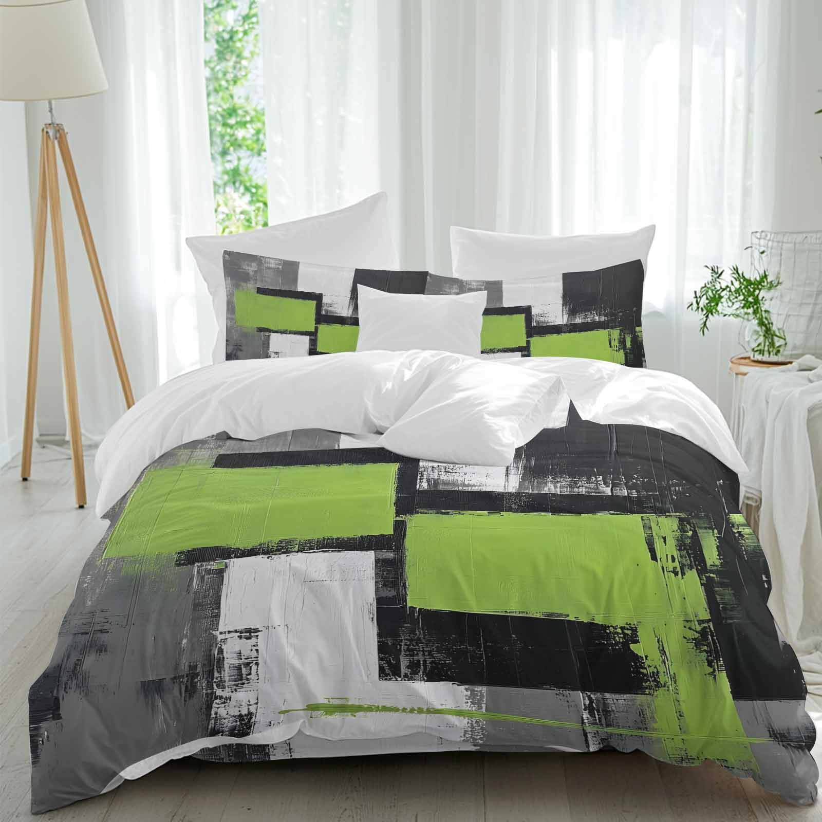 Abstract Graffiti Duvet Cover Set Queen Size, Watercolor Green Black ...