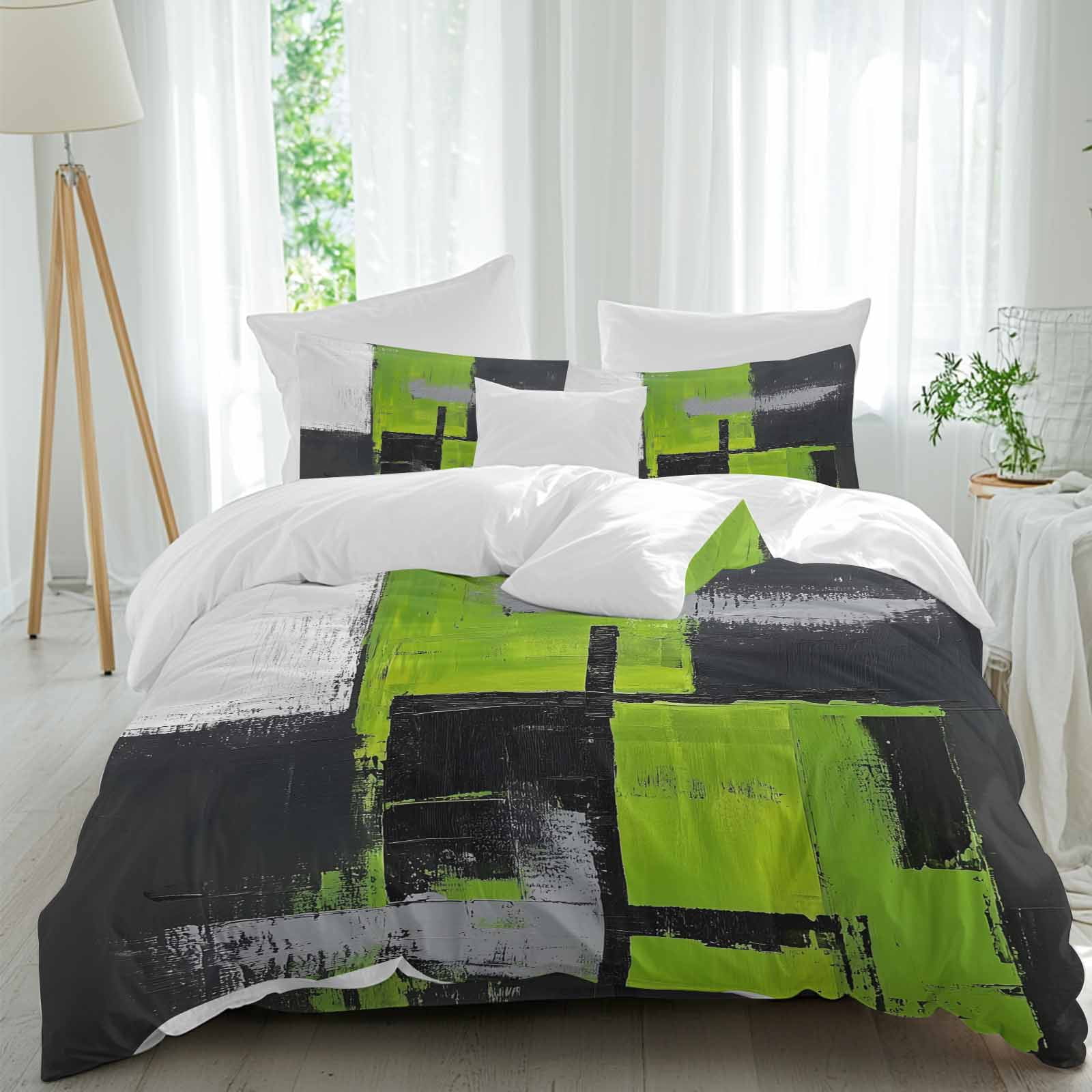 Abstract Graffiti Duvet Cover Set Twin Size, Green Black Contrast Color ...