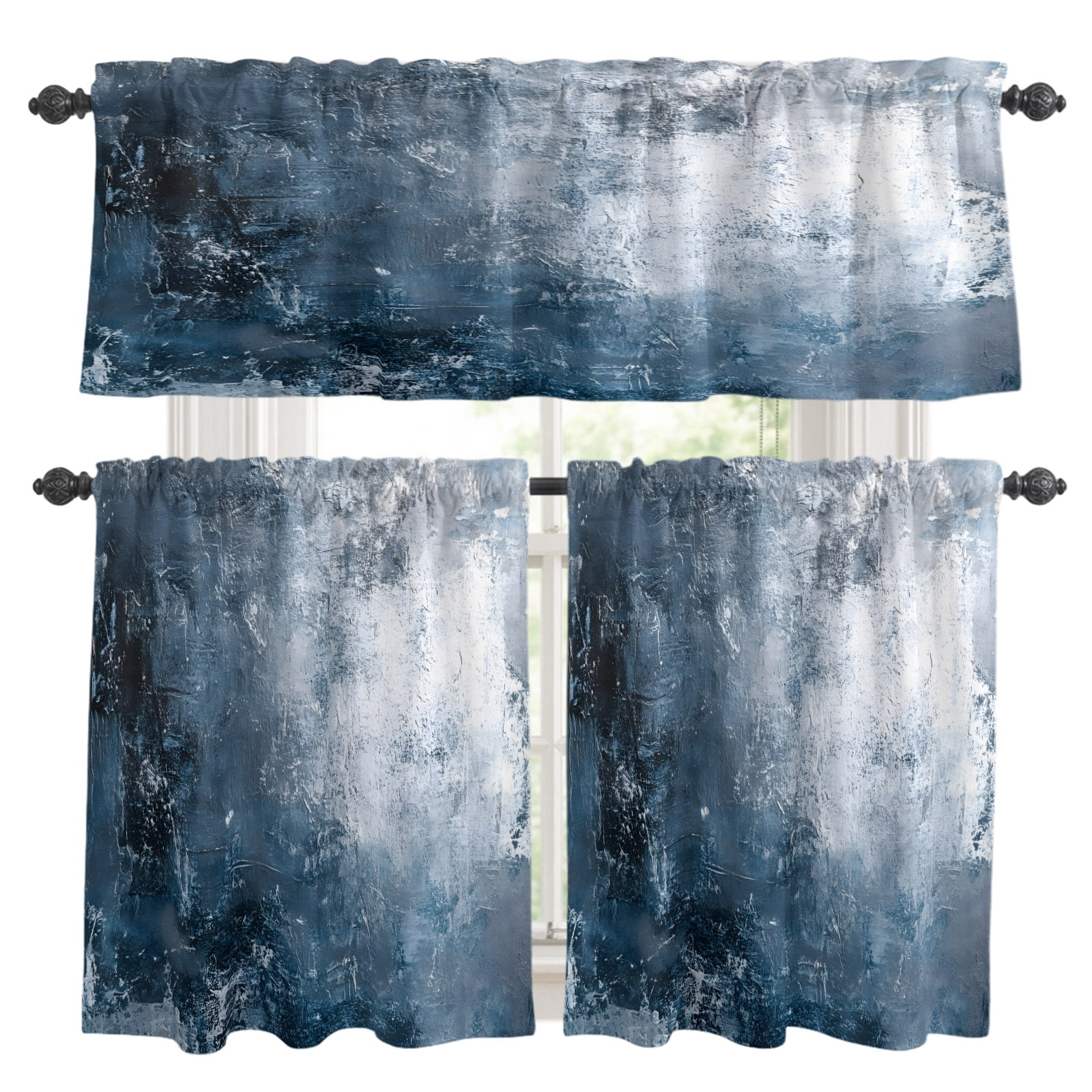 Abstract Graffiti Kitchen Curtains Valance and Tier Set Navy Blue White ...