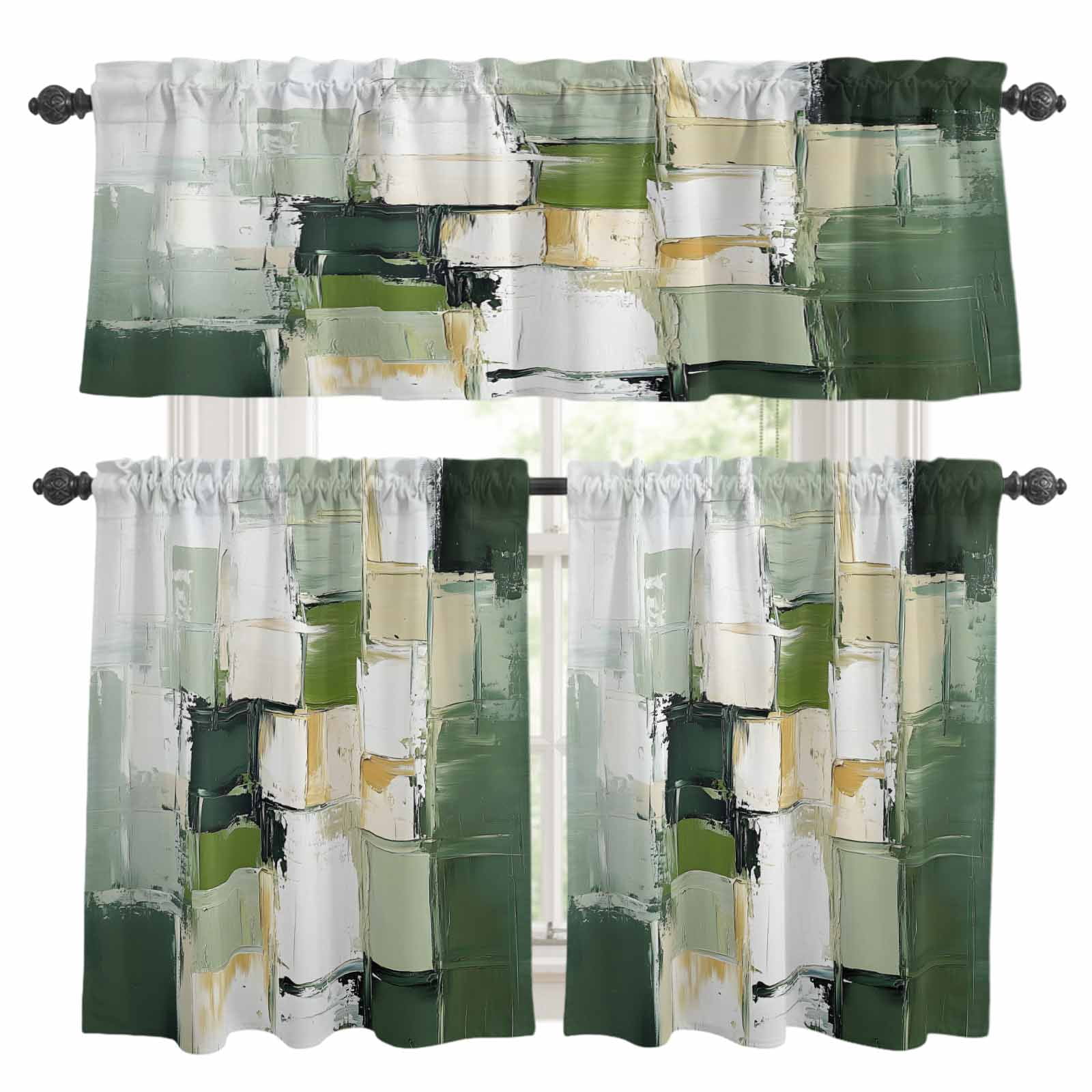 Abstract Graffiti Kitchen Curtains Valances and Tiers Set of 3 Green ...
