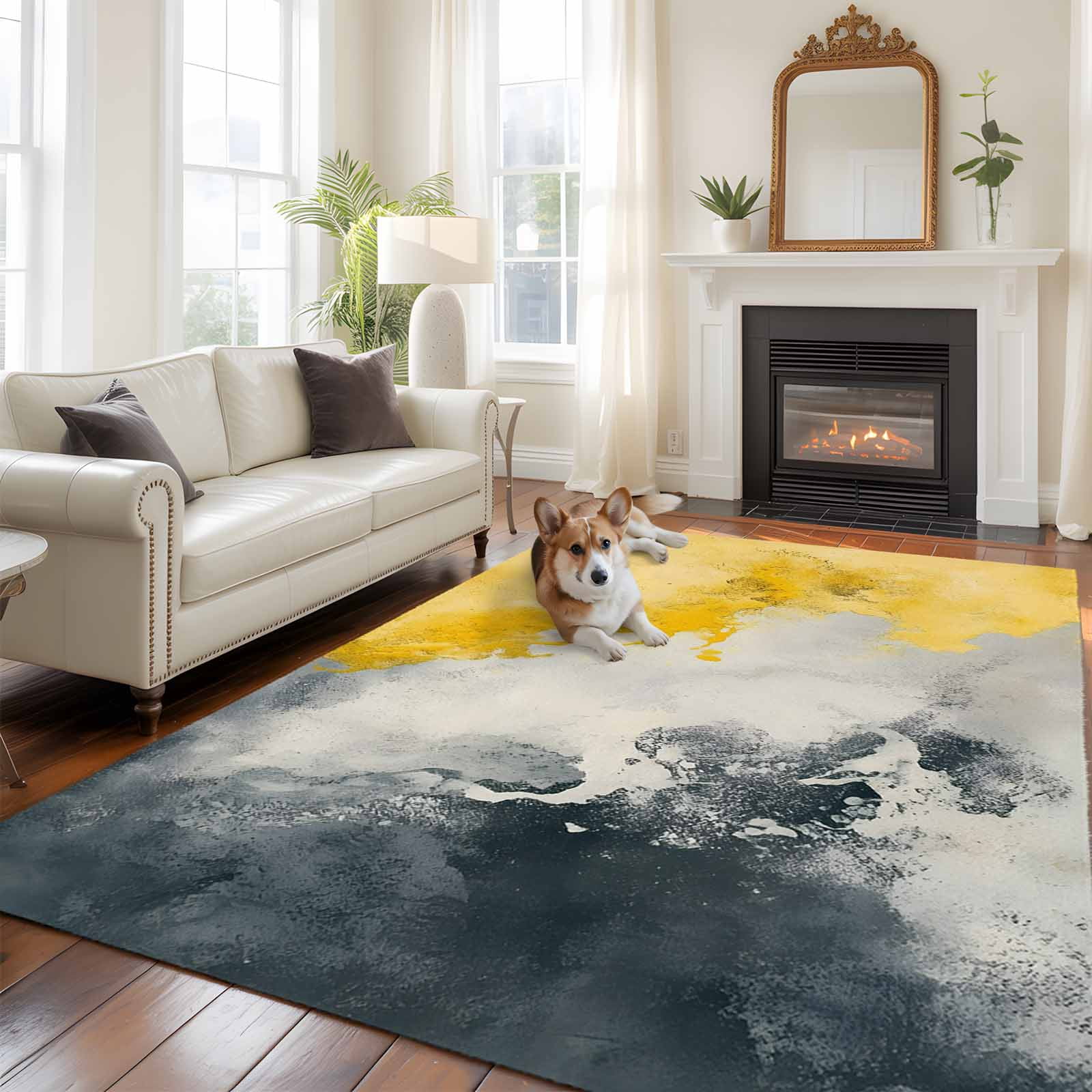 Abstract Graffiti Large Area Rugs 8x10 ft Grey Yellow Oil Painting ...