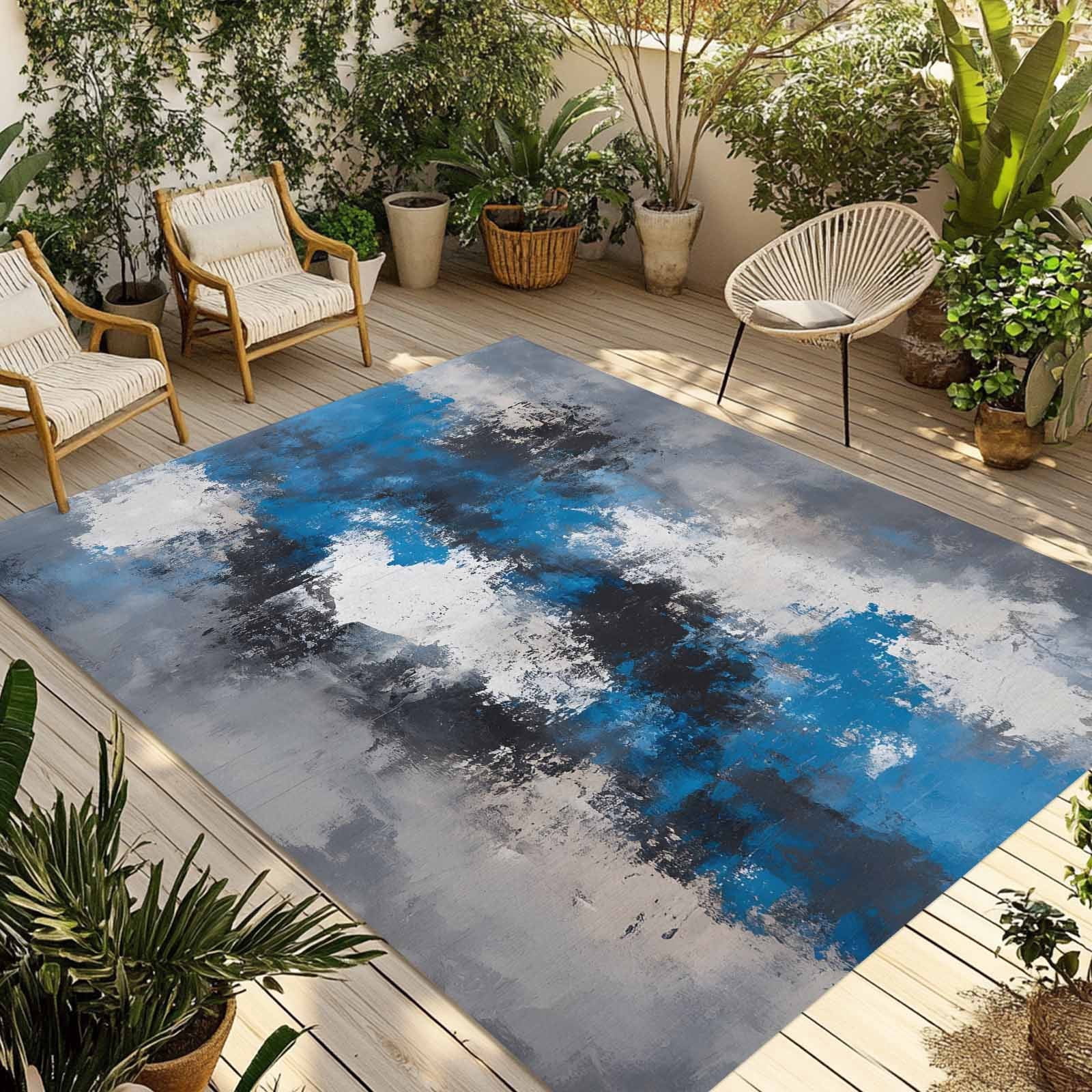 Abstract Graffiti Outdoor Rug, Black Blue White Oil Painting Style Non ...