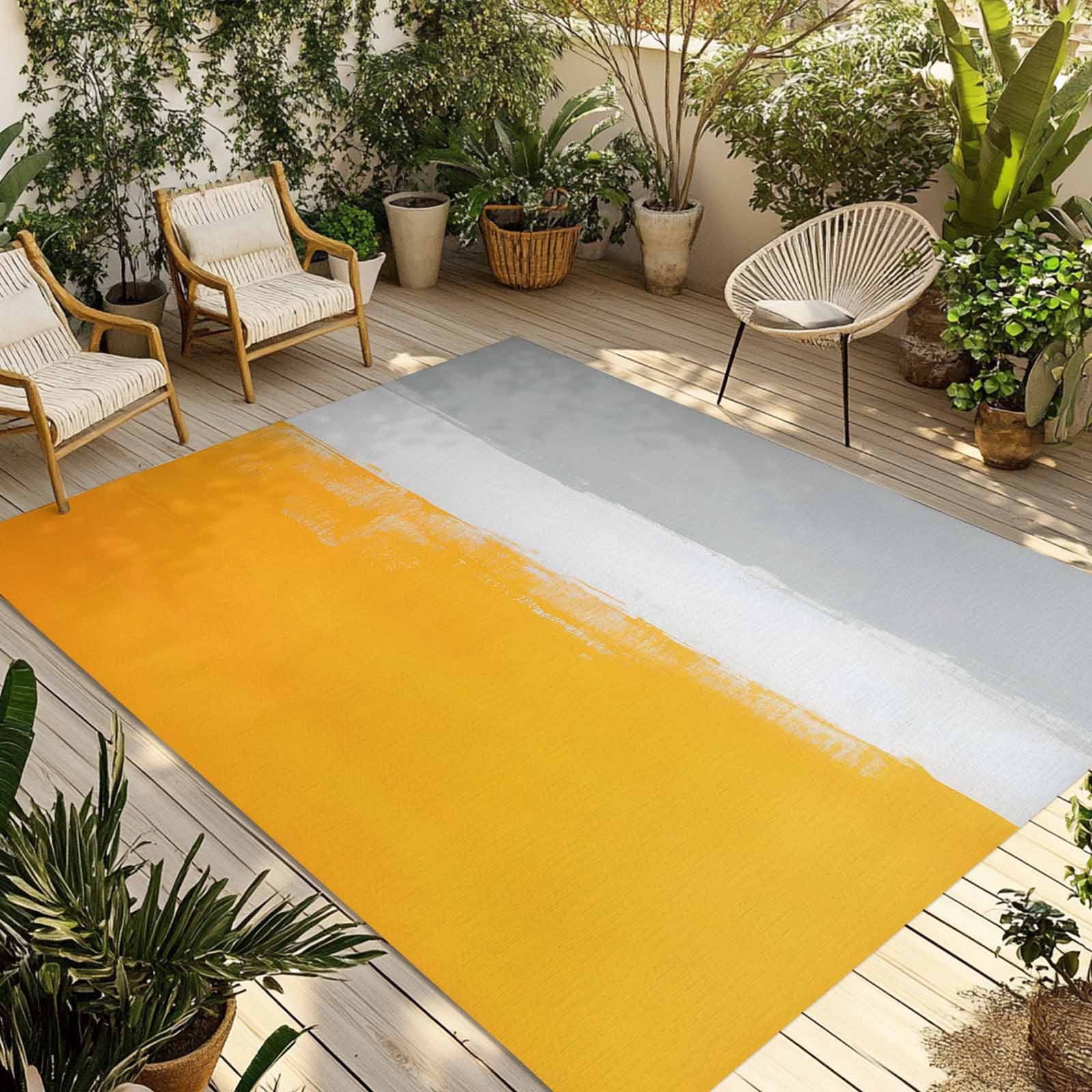 Abstract Graffiti Outdoor Rug, Grey Yellow Cube Oil Painting Style Non ...