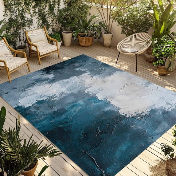 Abstract Graffiti Outdoor Rug, Retro Blue White Oil Painting Style Non ...