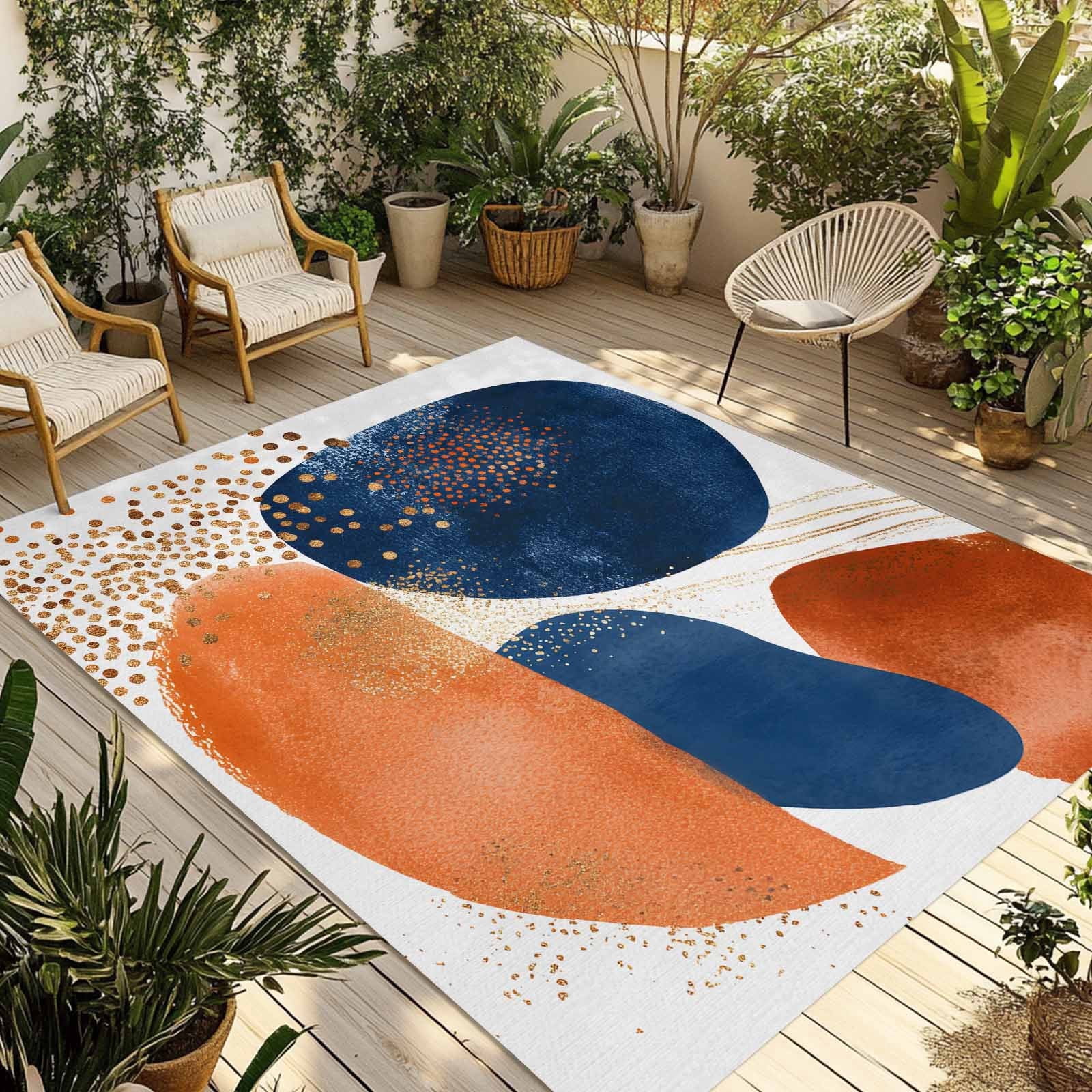 Abstract Graffiti Outdoor Rug, Vintage Orange Blue Dot round Shape Non ...