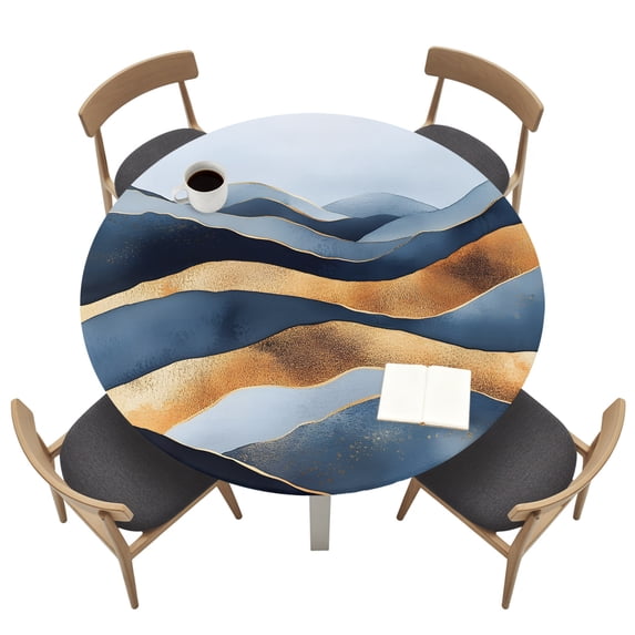 Abstract Graffiti Round Fitted Tablecloth Blue Gold Stripe Water ...
