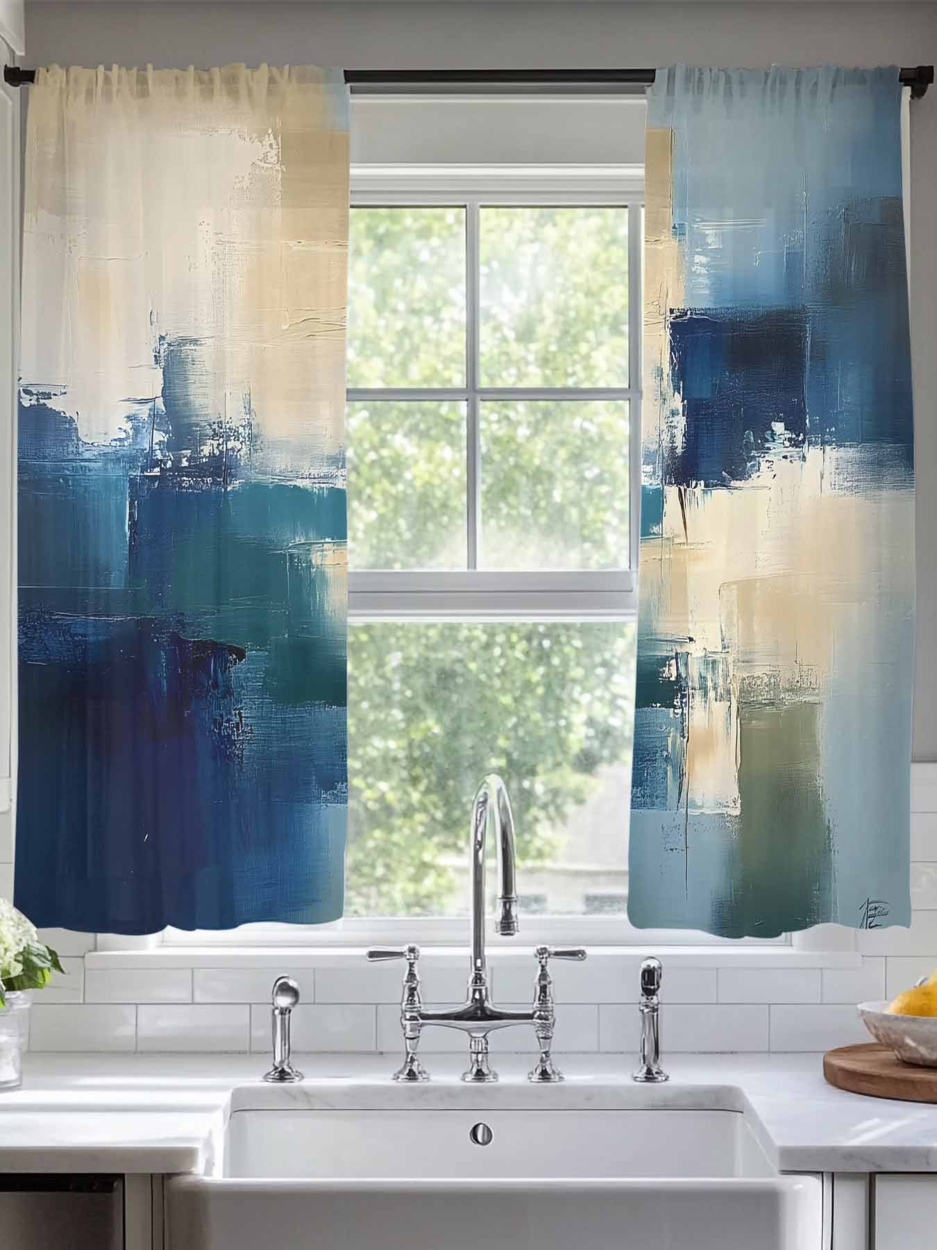 Abstract Graffiti Sheer Curtains 63 Inches Long 2 Panels Beige Blue Oil ...
